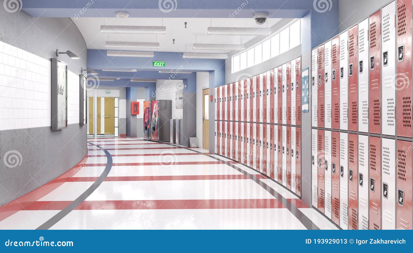 Long School Corridor with Red Lockers Stock Illustration - Illustration ...
