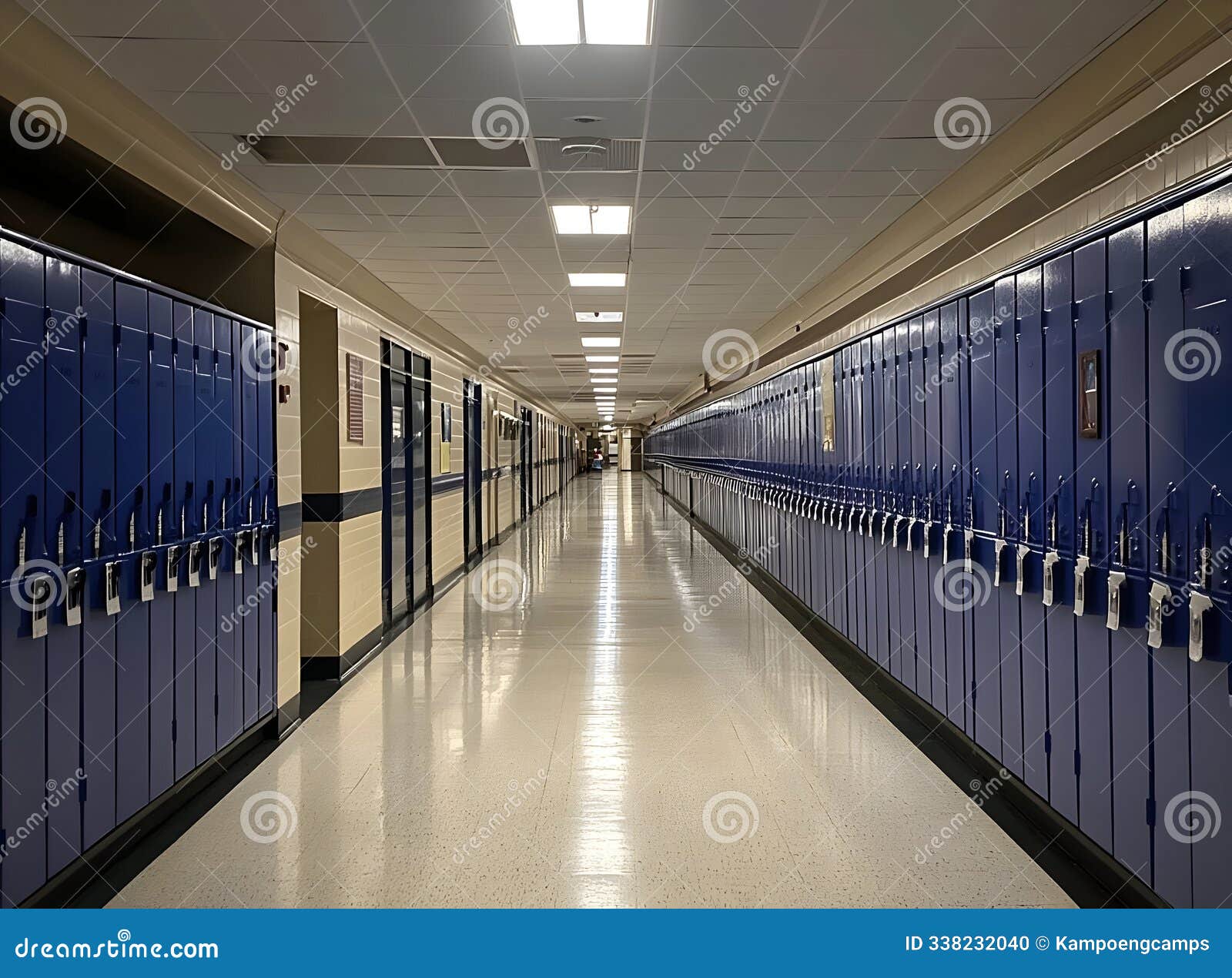 A Long School Hallway Lined with Blue Lockers, Illuminated by Overhead ...