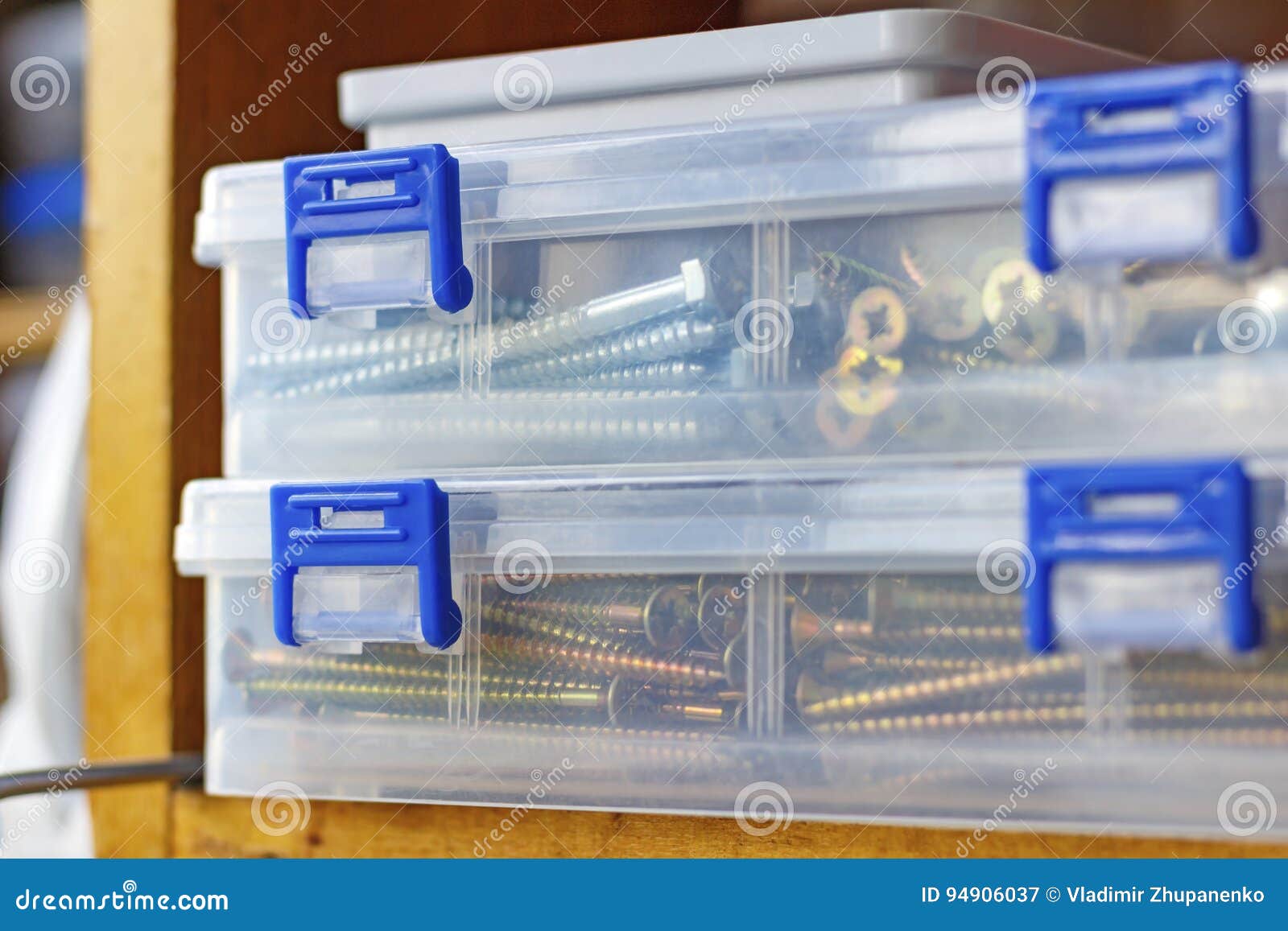Long Self-tapping Screws in Transparent Plastic Storage Box on the ...
