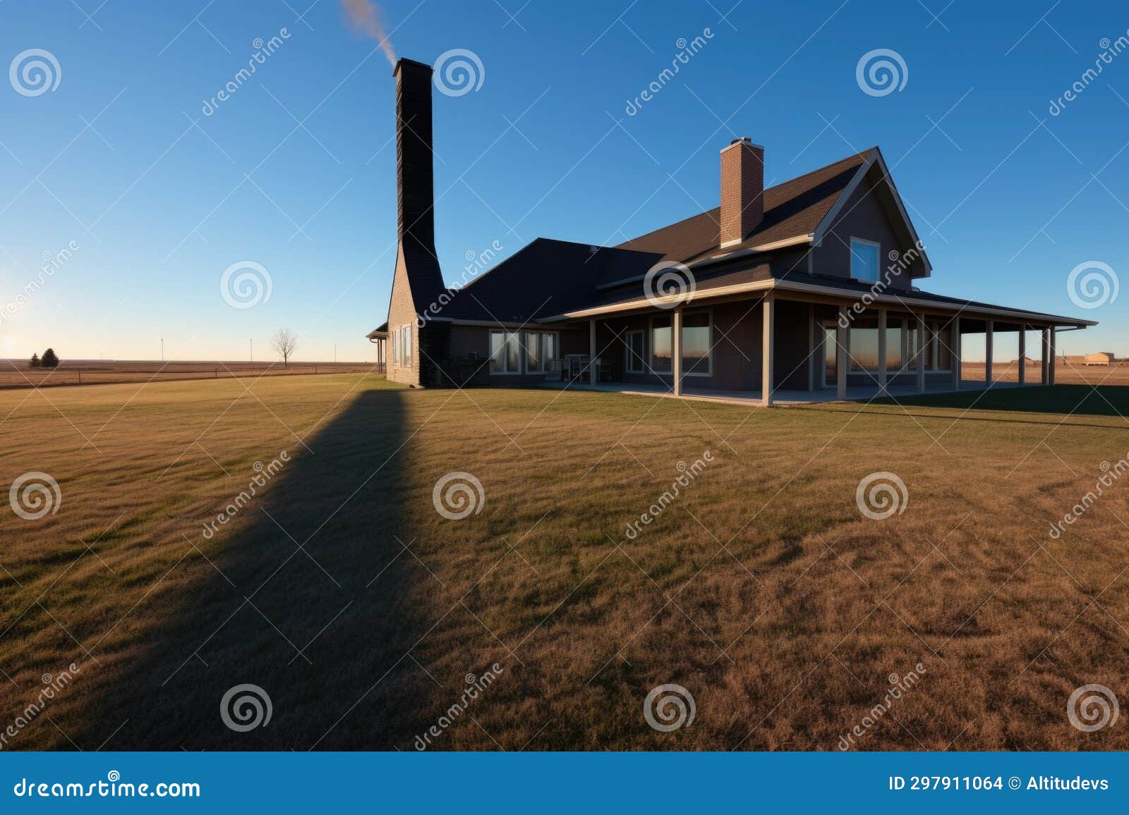 Long Shadow of a Central Chimney on a Prairie House Stock Photo - Image ...