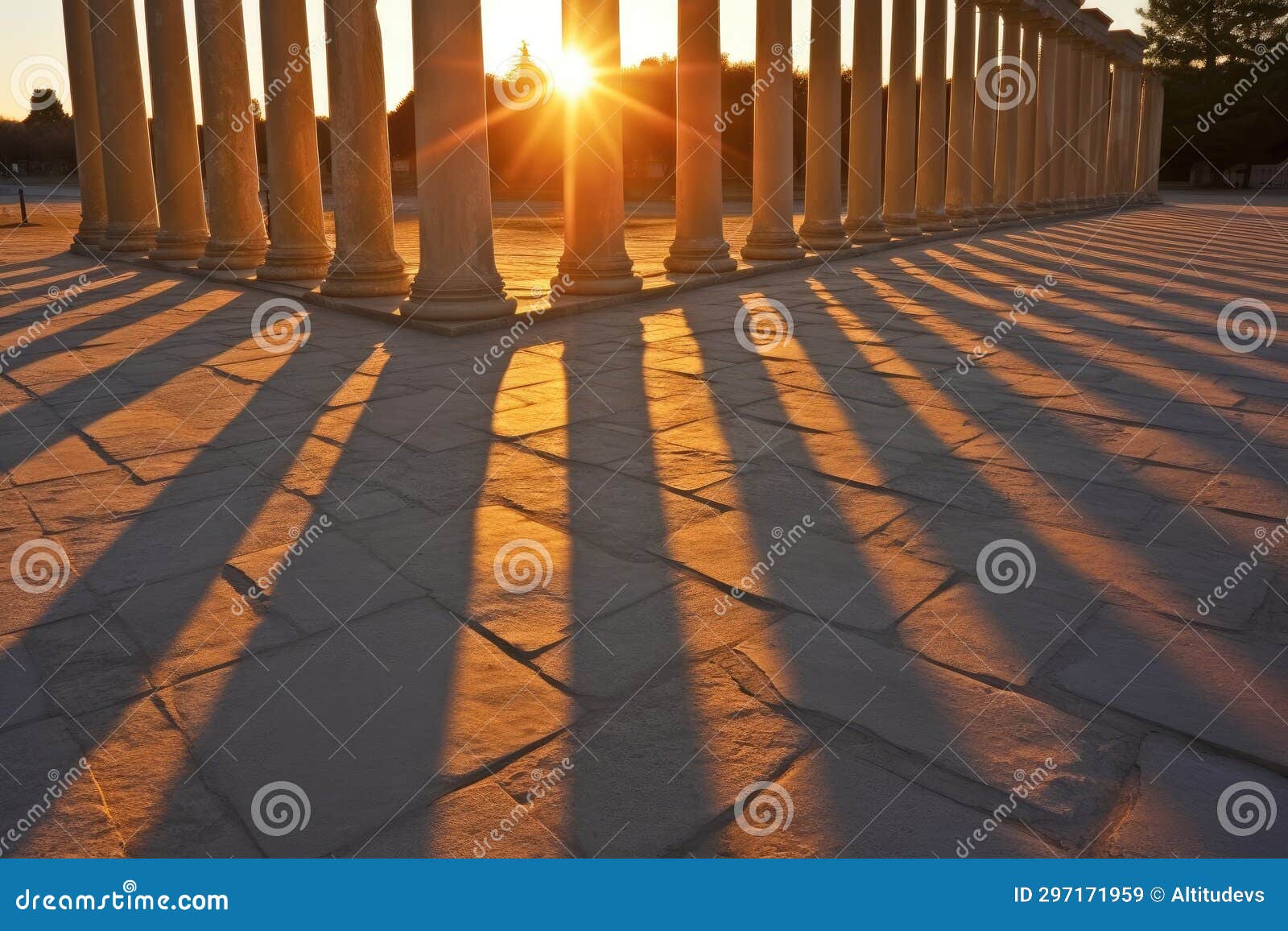 Long Shadows of Temple Columns at Sunset Stock Image - Image of ...