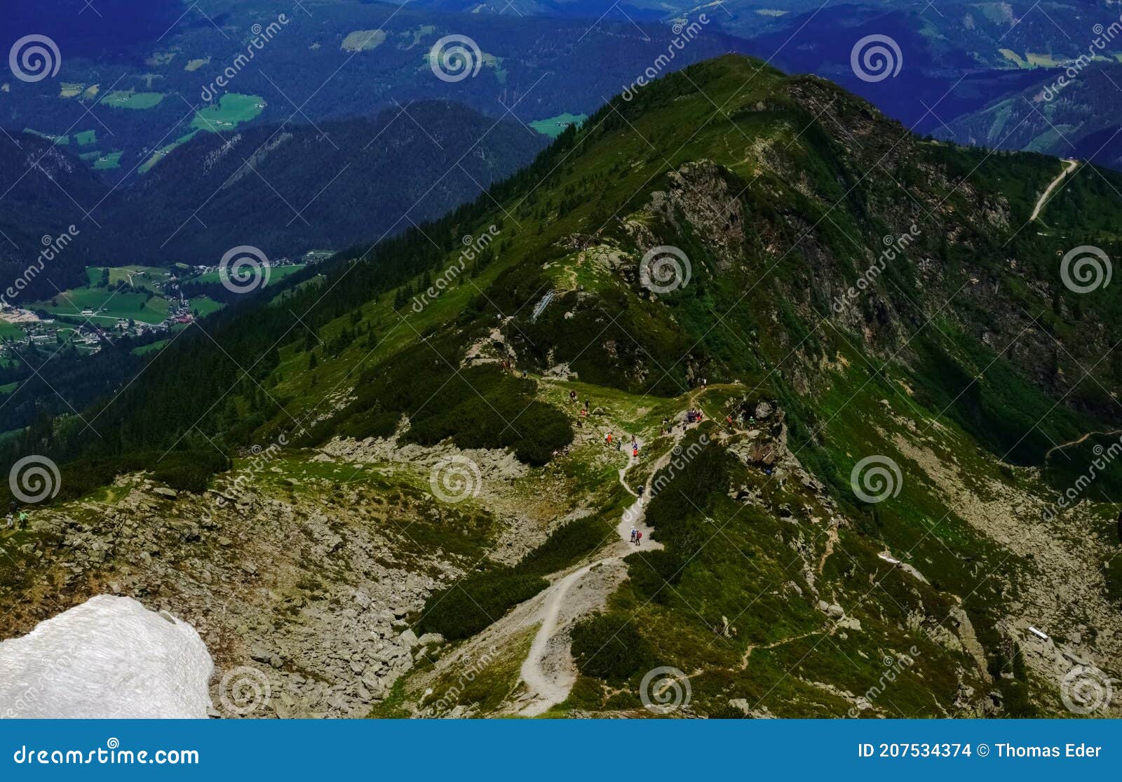 Long Small Path on a Mountain with Many Colorful Hikers Stock Photo ...