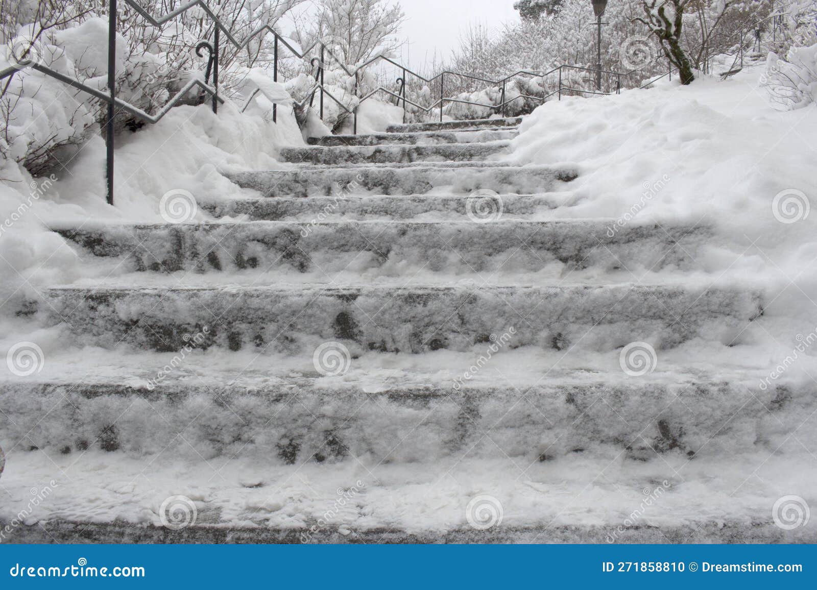 Long Stairs Covered with a Layer of Snow. Watch Out for Ice Stock Photo ...