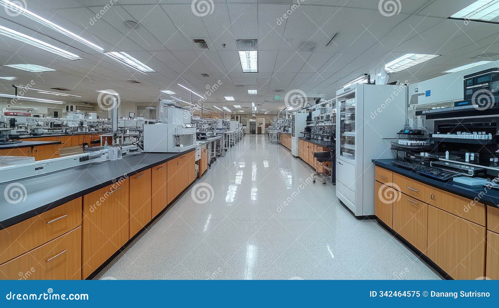 A Long, Sterile Corridor Inside a Modern Laboratory with Rows of ...