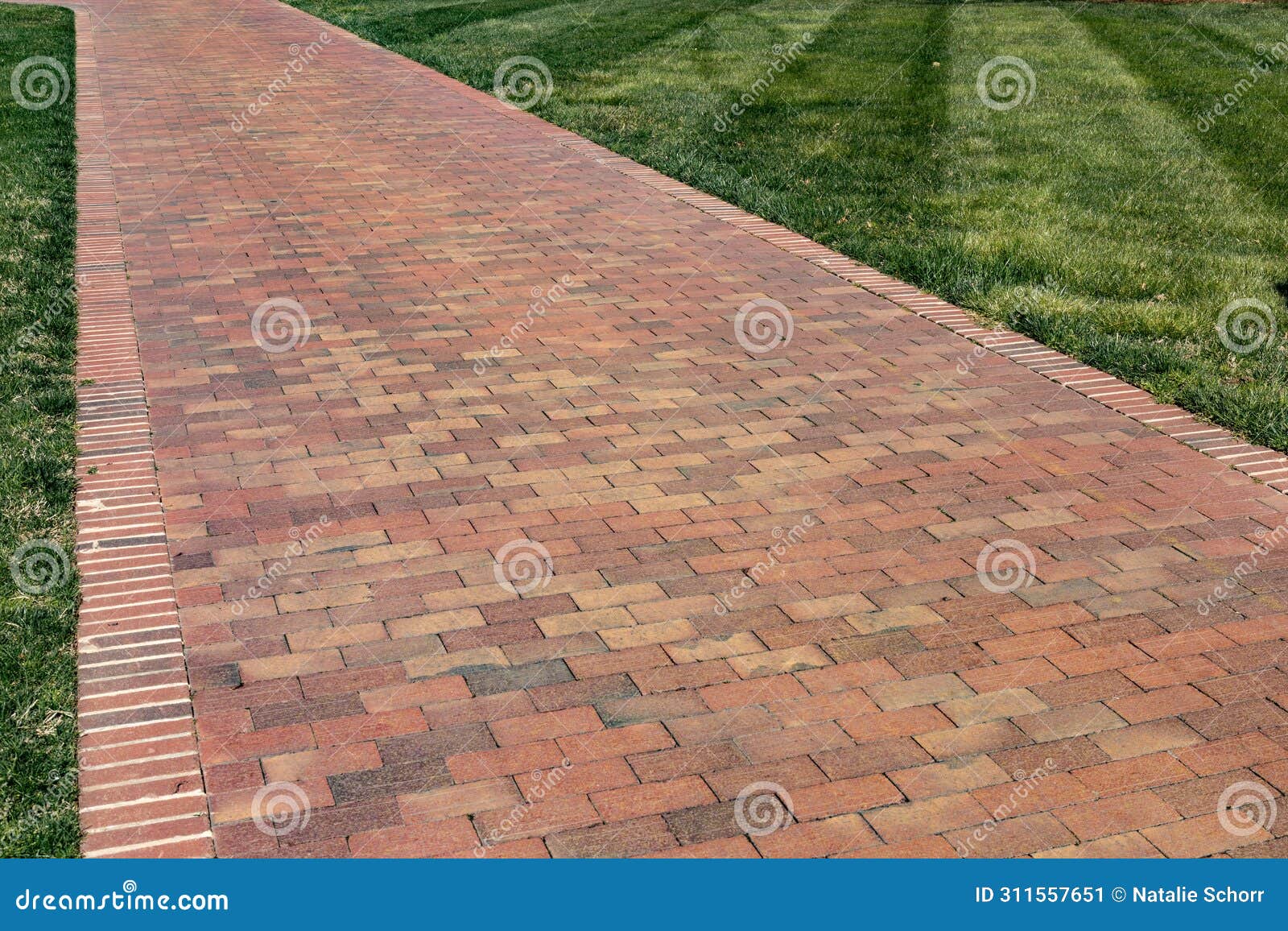 Long Straight Brick Pathway Bordered by Green Grass Mowed at an Angle ...