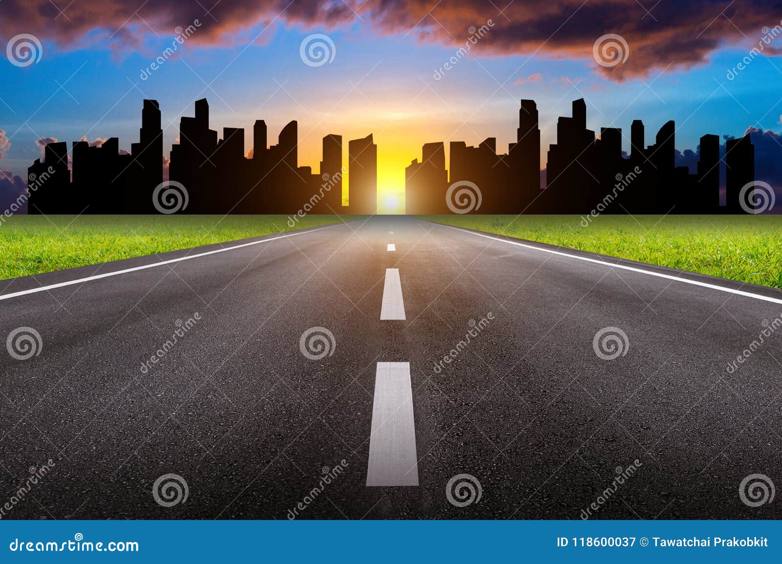 A Long Straight Road and Cityscape at Sunset Stock Illustration ...