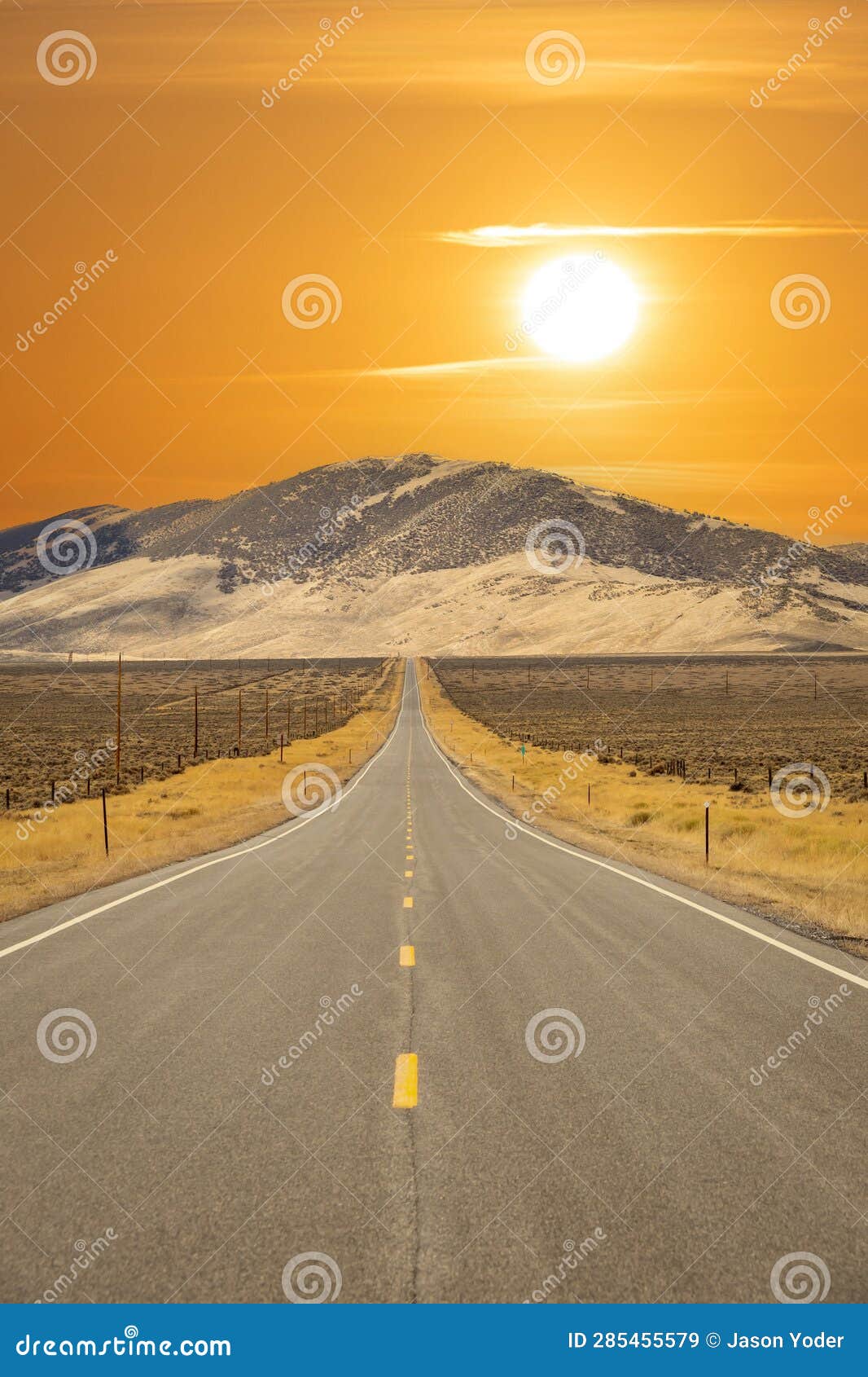 A Long, Straight Road Heading into the Sunset and Distant Mountains Stock Image - Image of ...