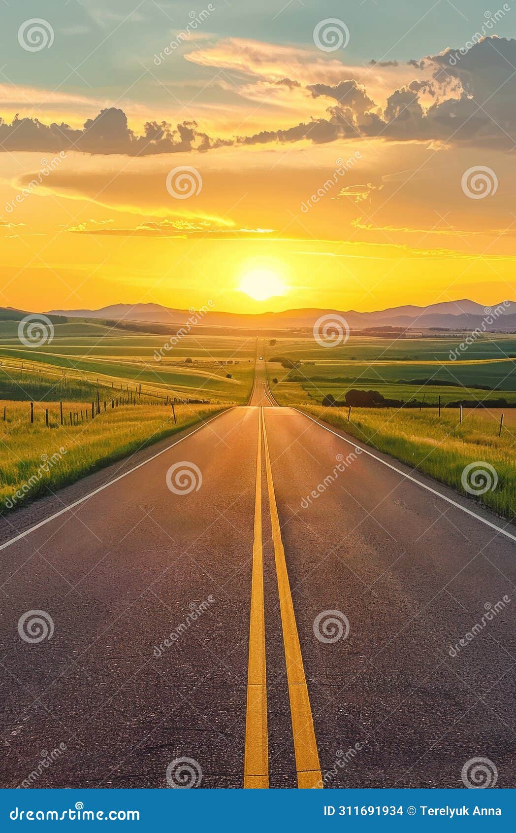 Long Straight Road Stretches into the Distance at Sunset Stock Photo ...
