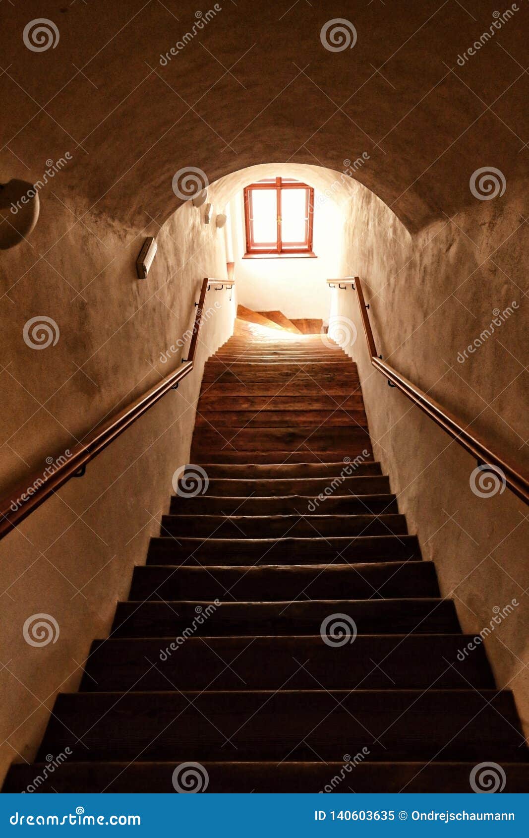 Long Straight Staircase Down the Hall with Arched Ceiling Stock Image ...