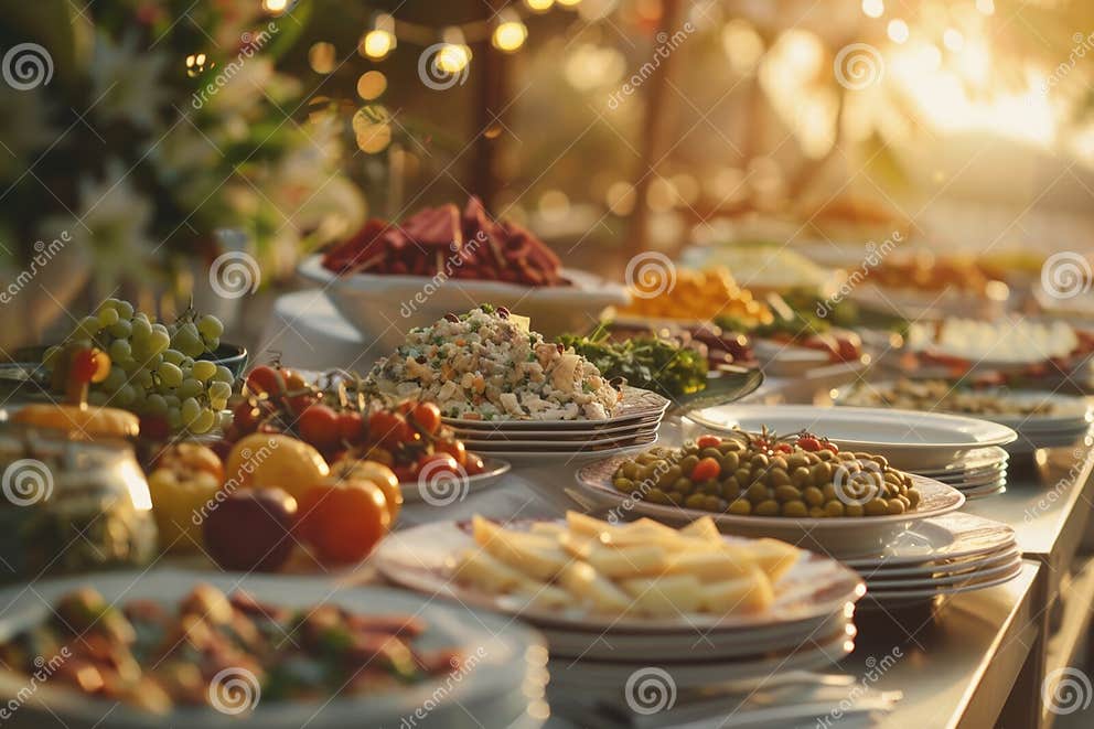 A Long Table Filled with Plates of Food Stock Photo - Image of plates ...