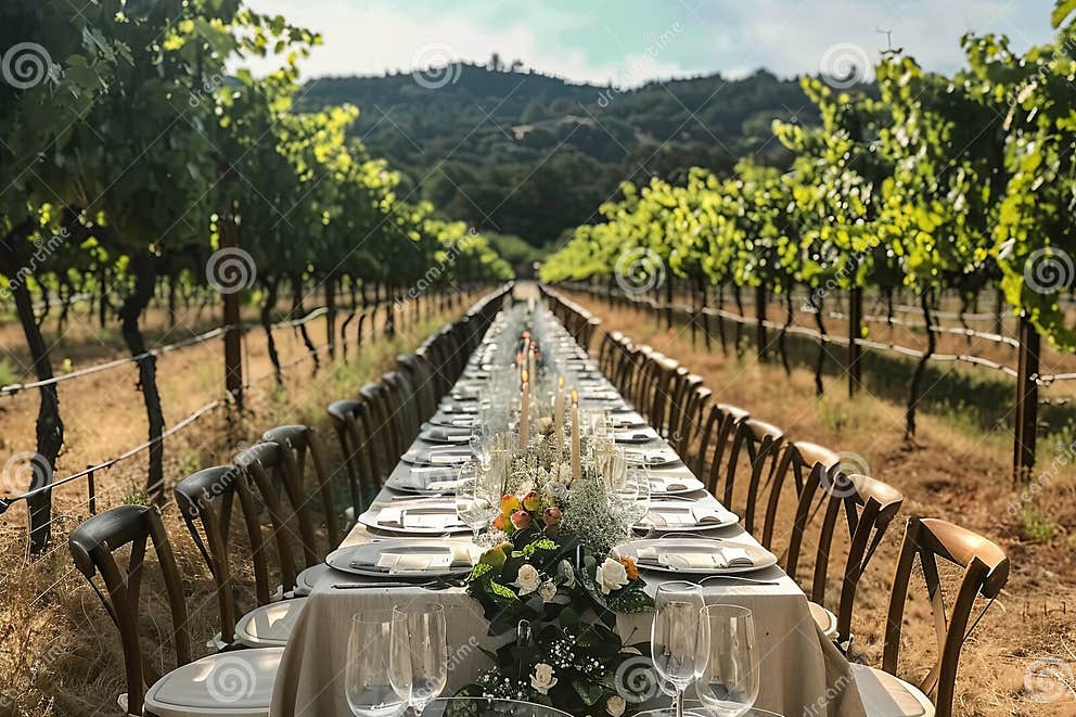 A Long Table Set for Dinner in a Vineyard with Rows of Grapevines on ...