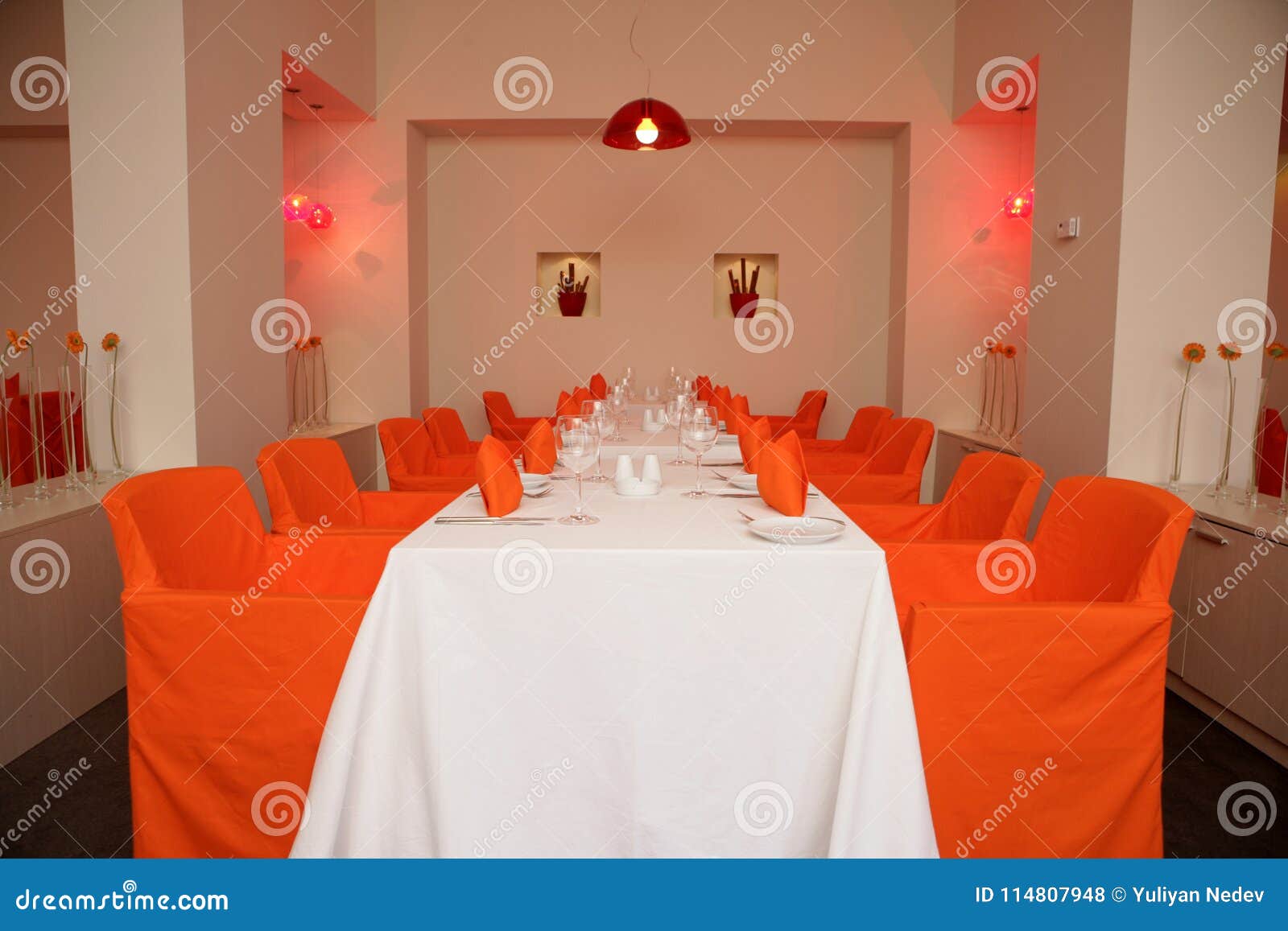 Long Table Setting in Restaurant Stock Photo - Image of place, elegant ...