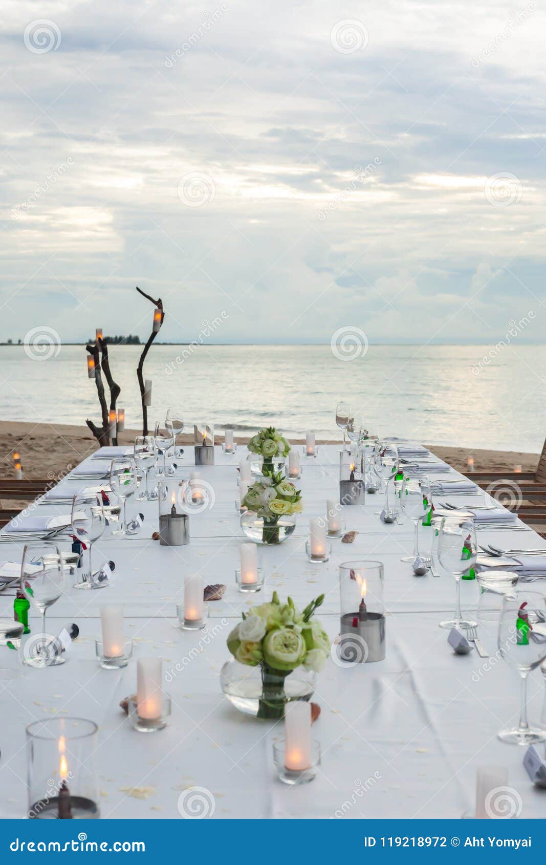 Long Table Wedding Dinner Setup on the Beach. Stock Photo - Image of ...