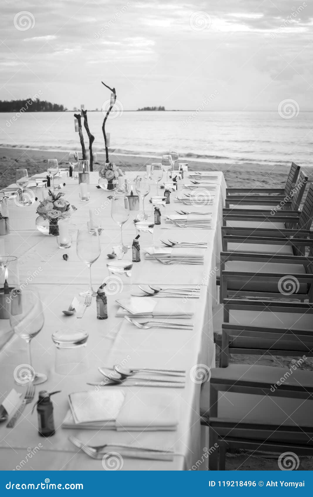 Long Table Wedding Dinner Setup on the Beach at Thailand Stock Photo ...