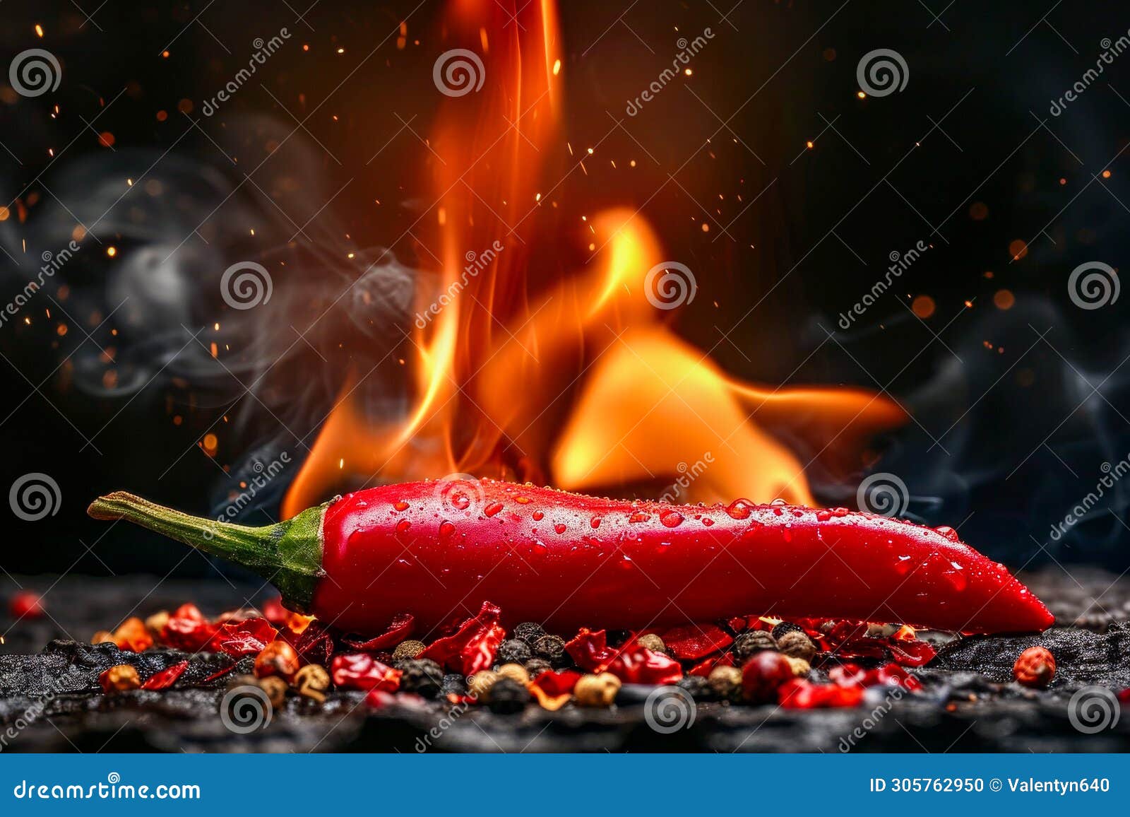 Long Thin Red Chili Pepper is Sitting on Table in Front of Fire with ...