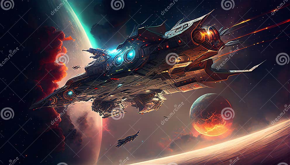 Long Thin and Very Sharp Spaceship with Big Engines in Front of a Planet and Moons with a Dark ...