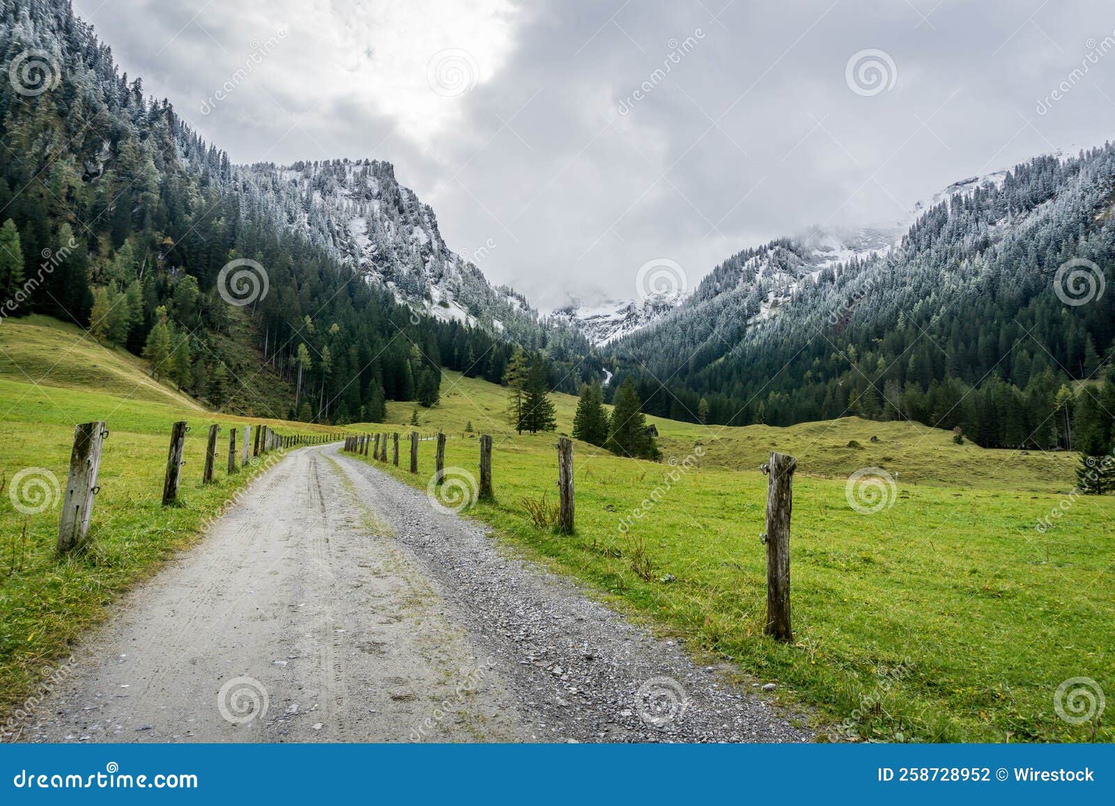 Long Walking Path on a Valley Surrounded by Mountains and Forests Stock ...
