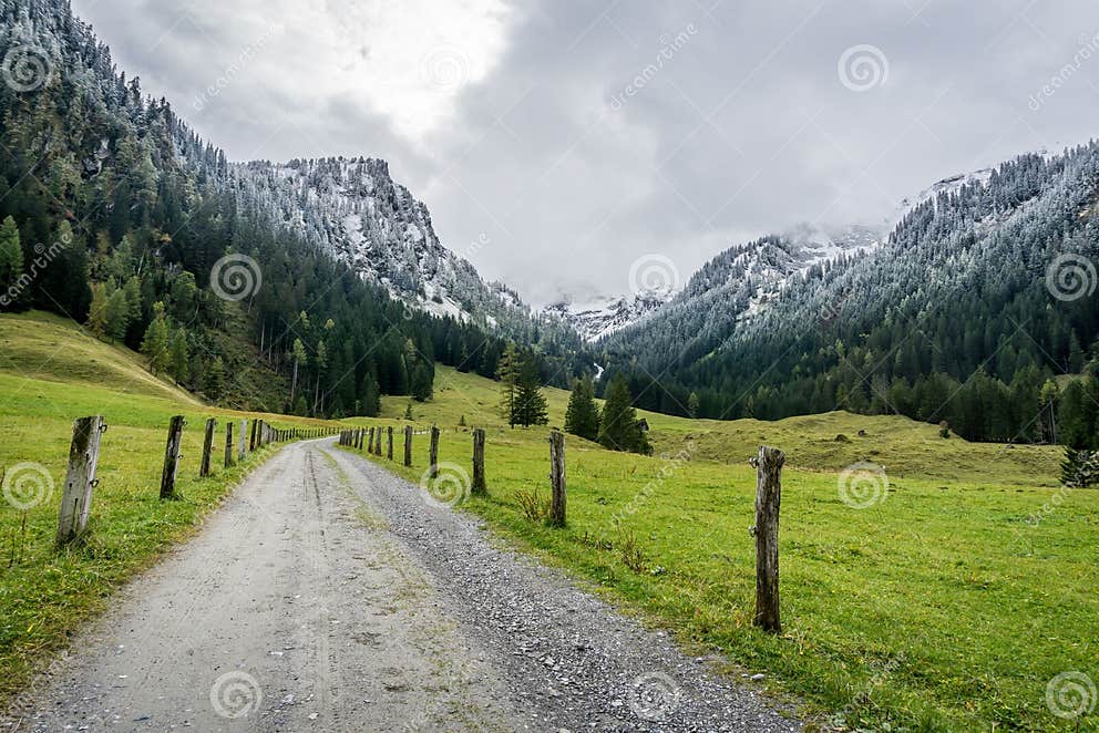 Long Walking Path on a Valley Surrounded by Mountains and Forests Stock ...