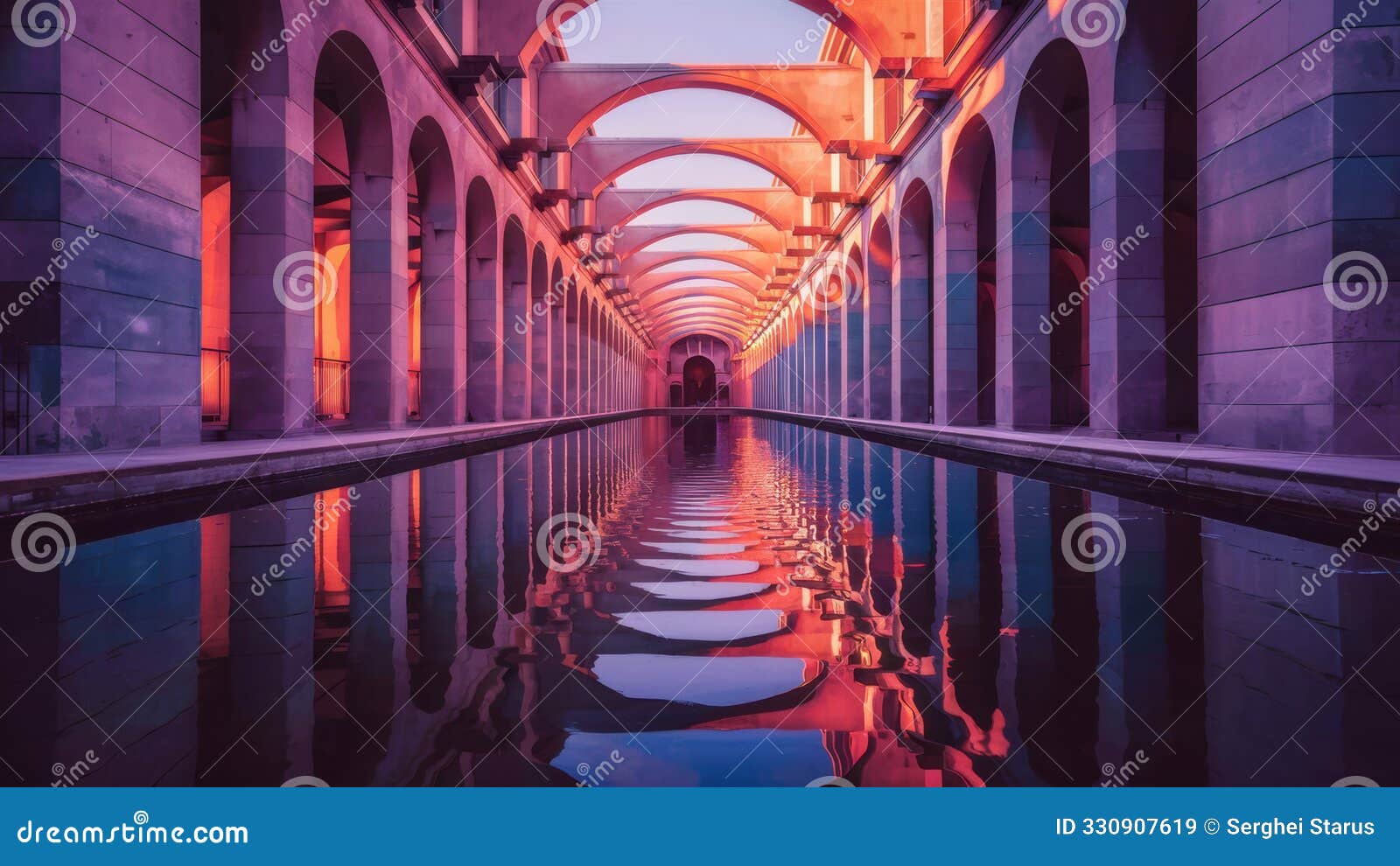 A Long Walkway with Arches and Columns that Has a Water Feature, AI ...