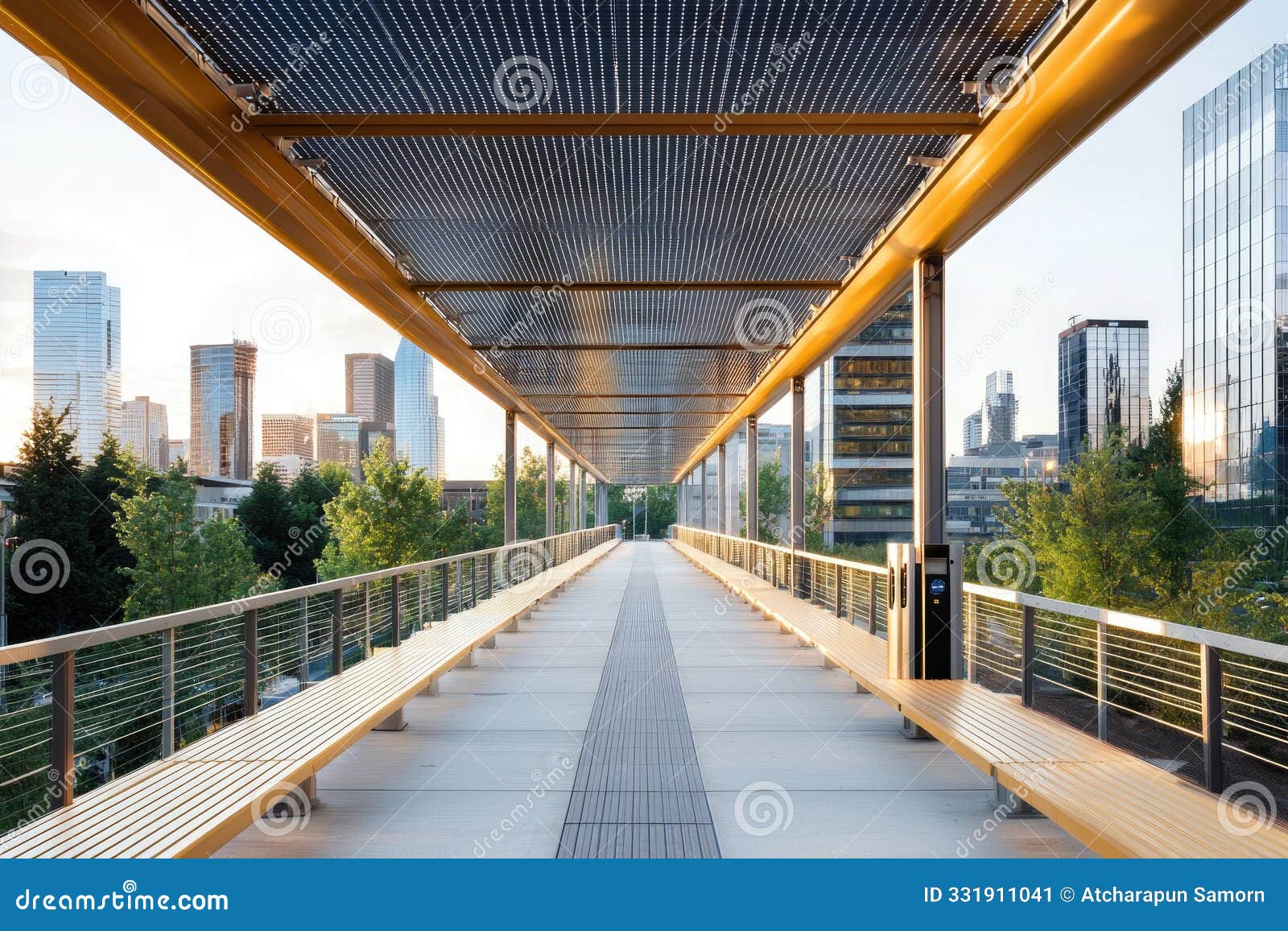 A Long Walkway with Benches and Trees in the Background, Modern Urban ...