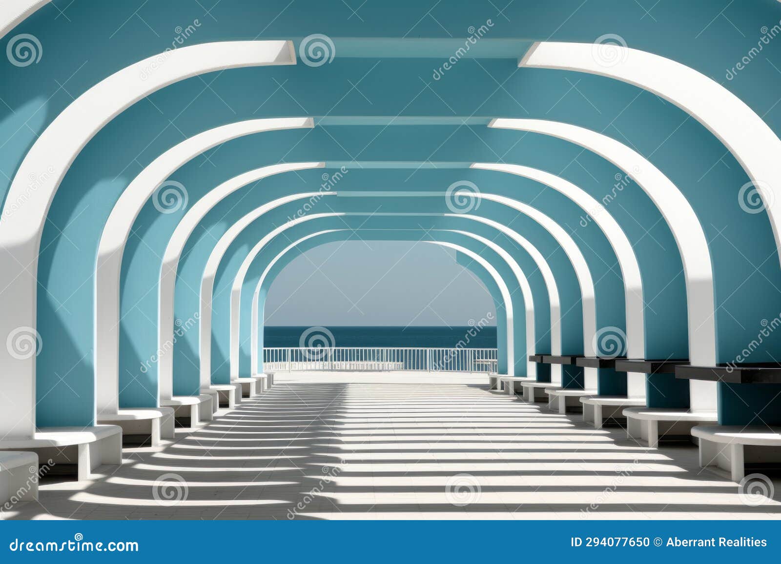 A Long Walkway with Blue Walls and Benches by the Ocean Stock ...