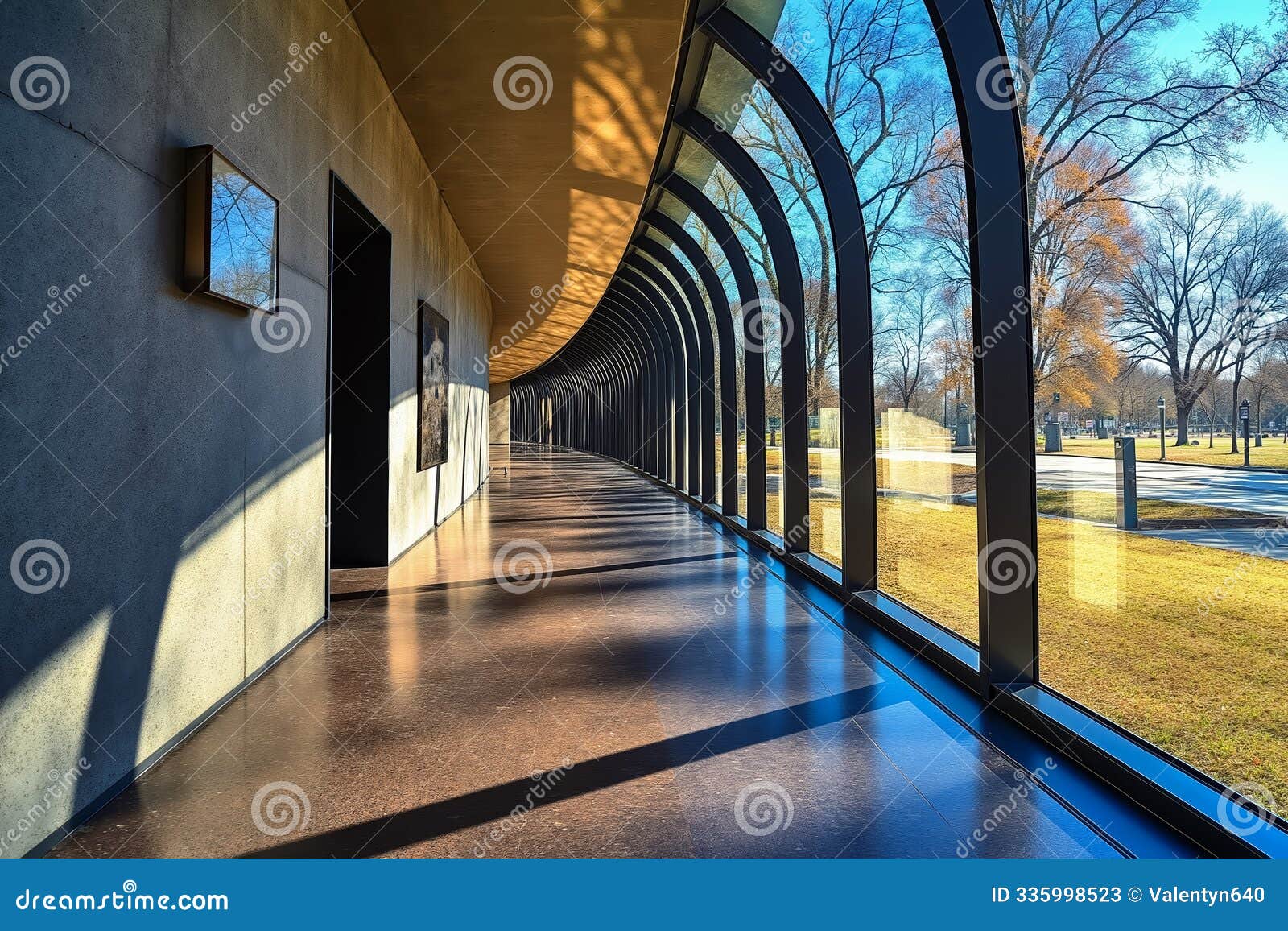 A Long Walkway with a View of a Park through a Window Stock Image ...