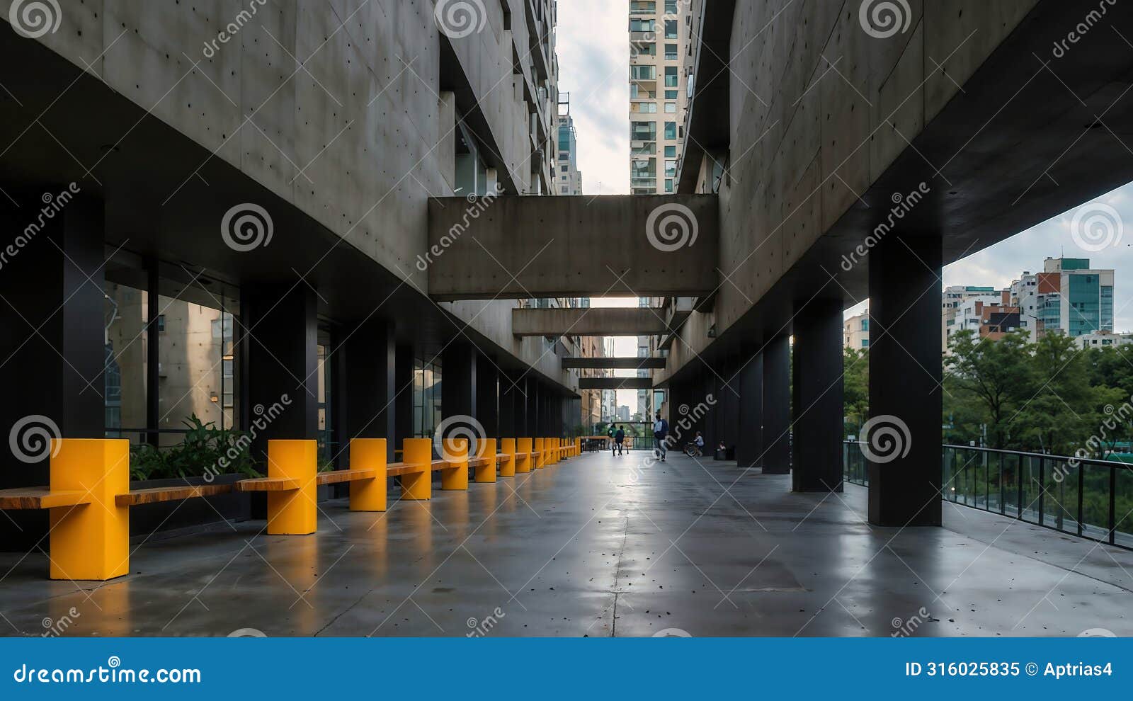 Long Walkway with Yellow Posts. Generative AI Stock Illustration ...