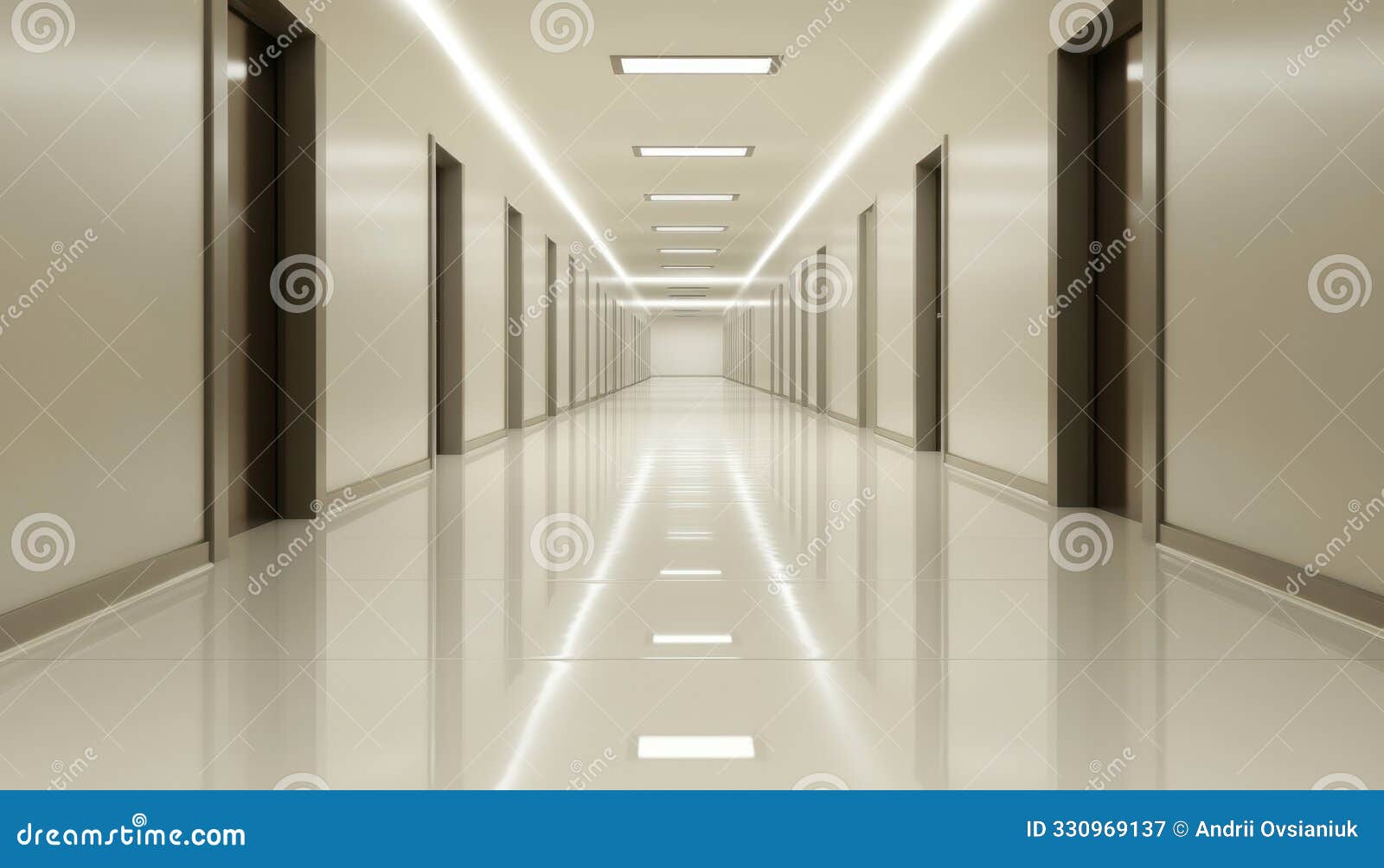 A Long, Well-lit Corridor with Reflective Flooring in a Modern Building ...