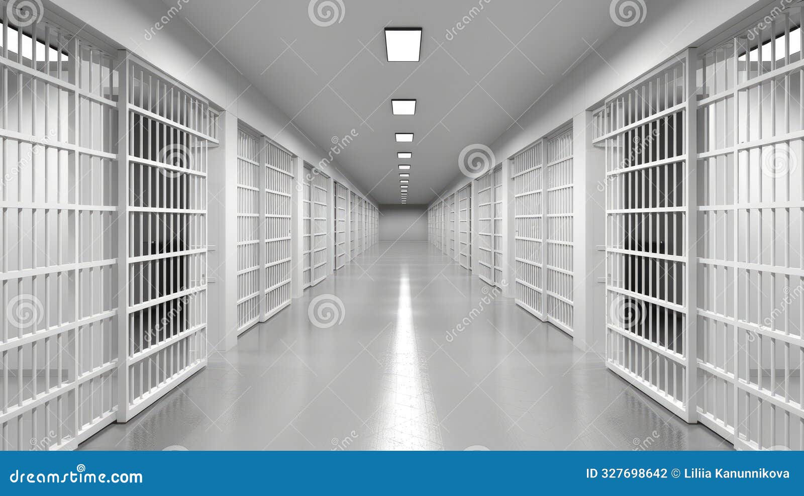 A Long, White Corridor in a Prison with Barred Cell Doors and a Yellow ...