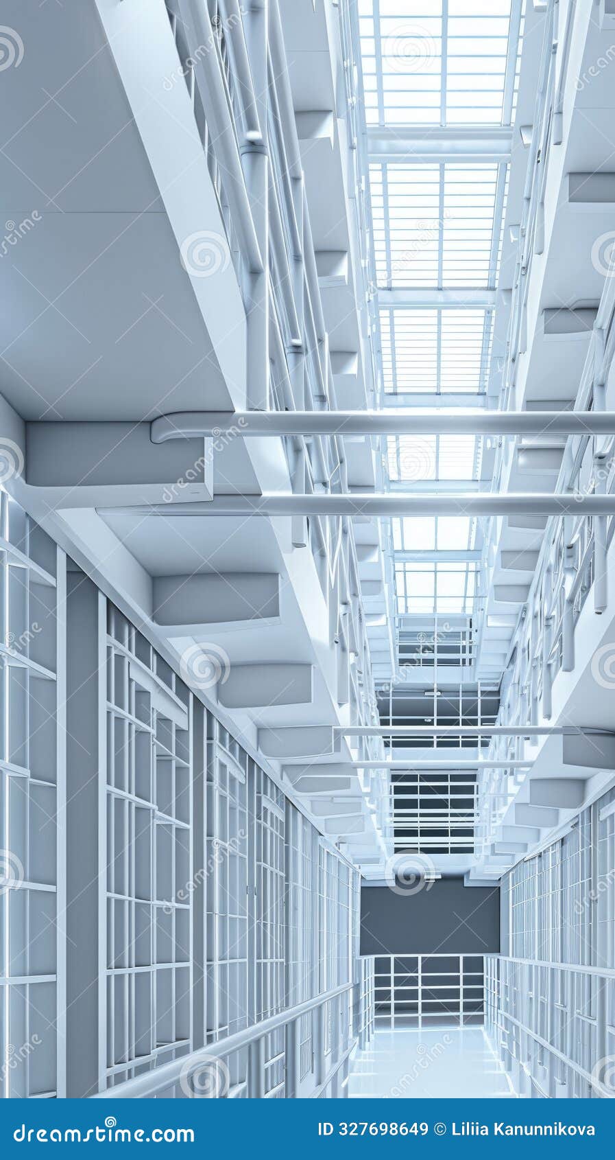 A Long, White Corridor in a Prison with Barred Cell Doors and a Yellow ...