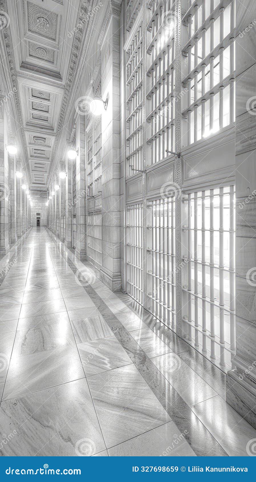 A Long, White Corridor in a Prison with Barred Cell Doors and a Yellow ...