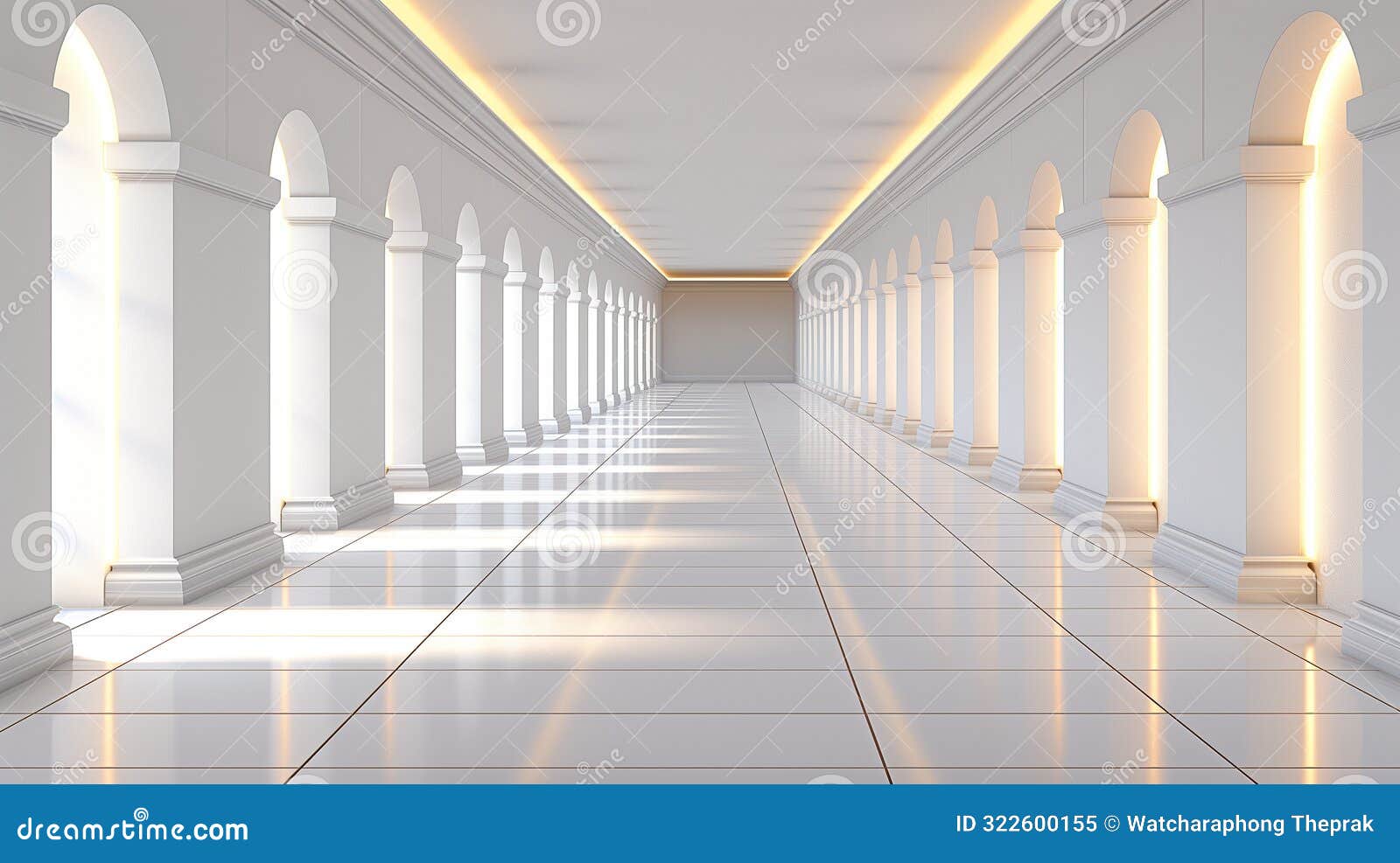 Long White Hallway with Columns and Arches Stock Illustration ...