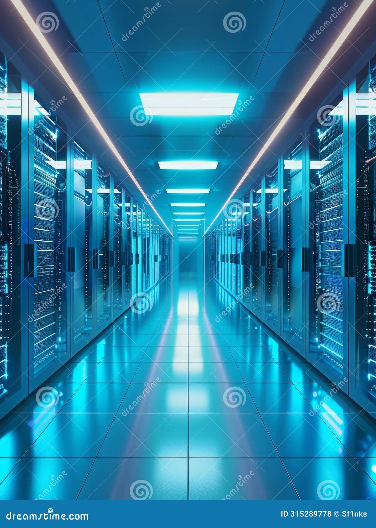 A Long, Winding Data Center Corridor Lined with Glowing Server Racks ...