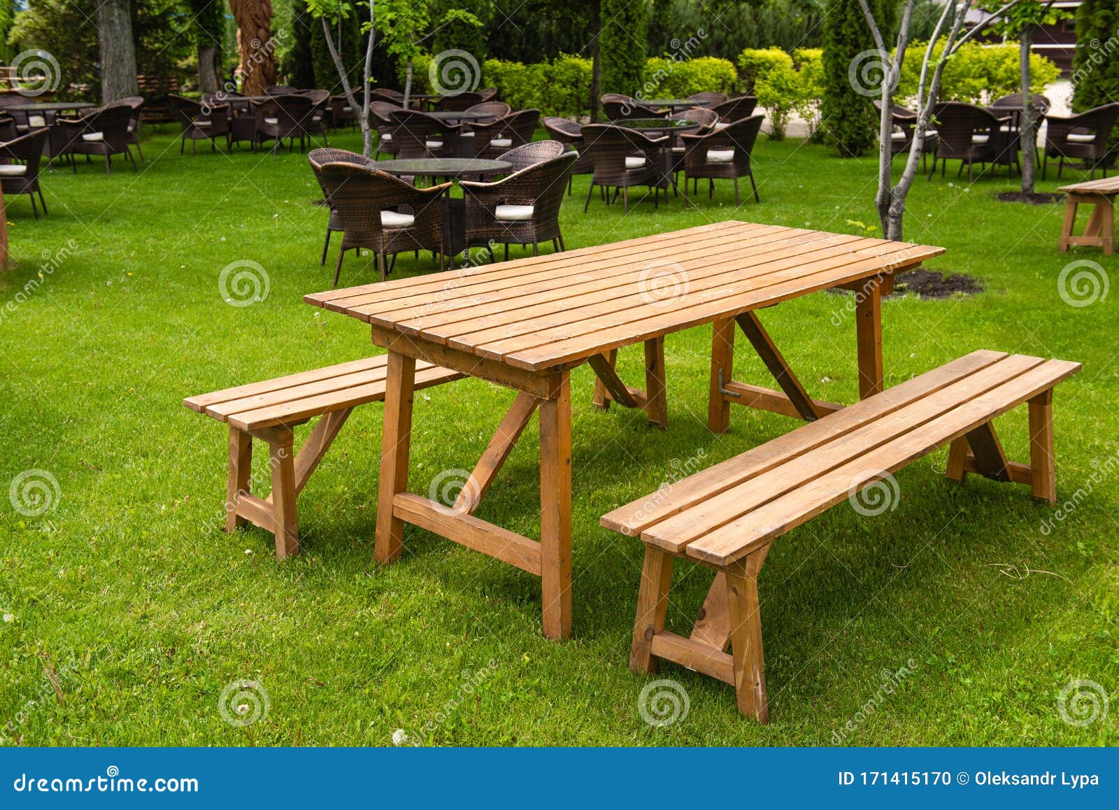 Long Wooden Natural Bench and Table Outdoors Stock Photo - Image of ...