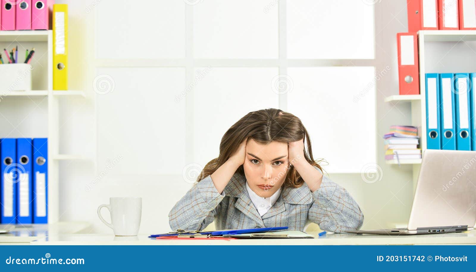 Long Working Day. Tired Woman Work Online on Computer. Confident Office ...