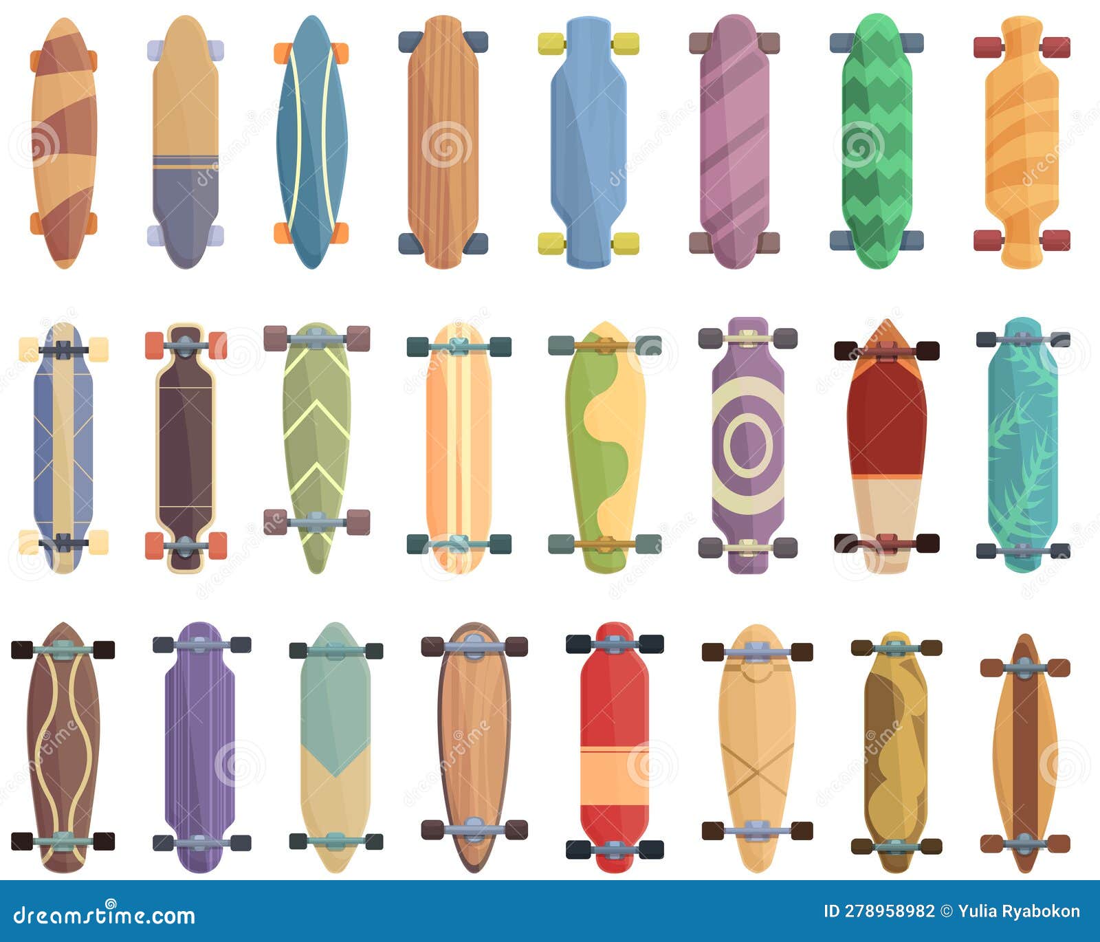 Longboard Icons Set Cartoon Vector. Long Skateboard Stock Vector ...