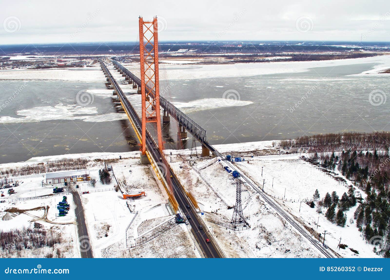 The Longest Cable-stayed Bridge Over the River Ice Snow Winter Siberia ...