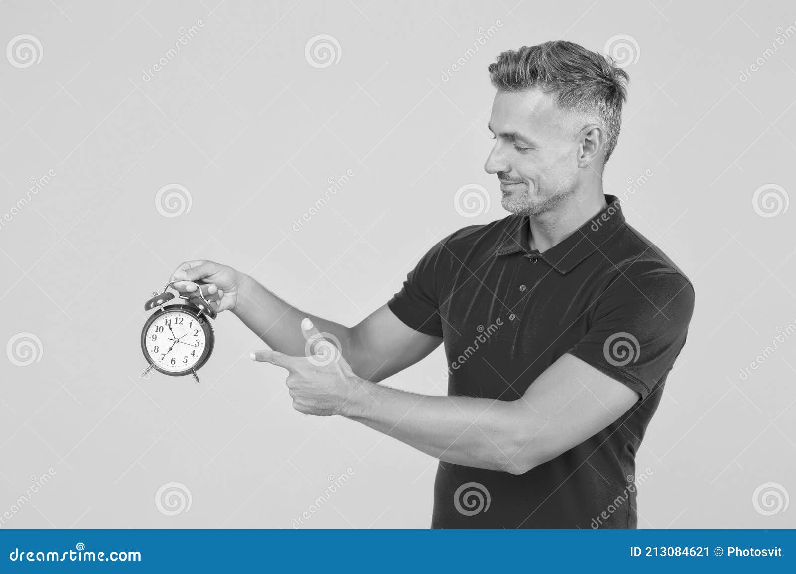 Look at Clock. Handsome Man Point Finger at Alarm Clock. Check Current ...