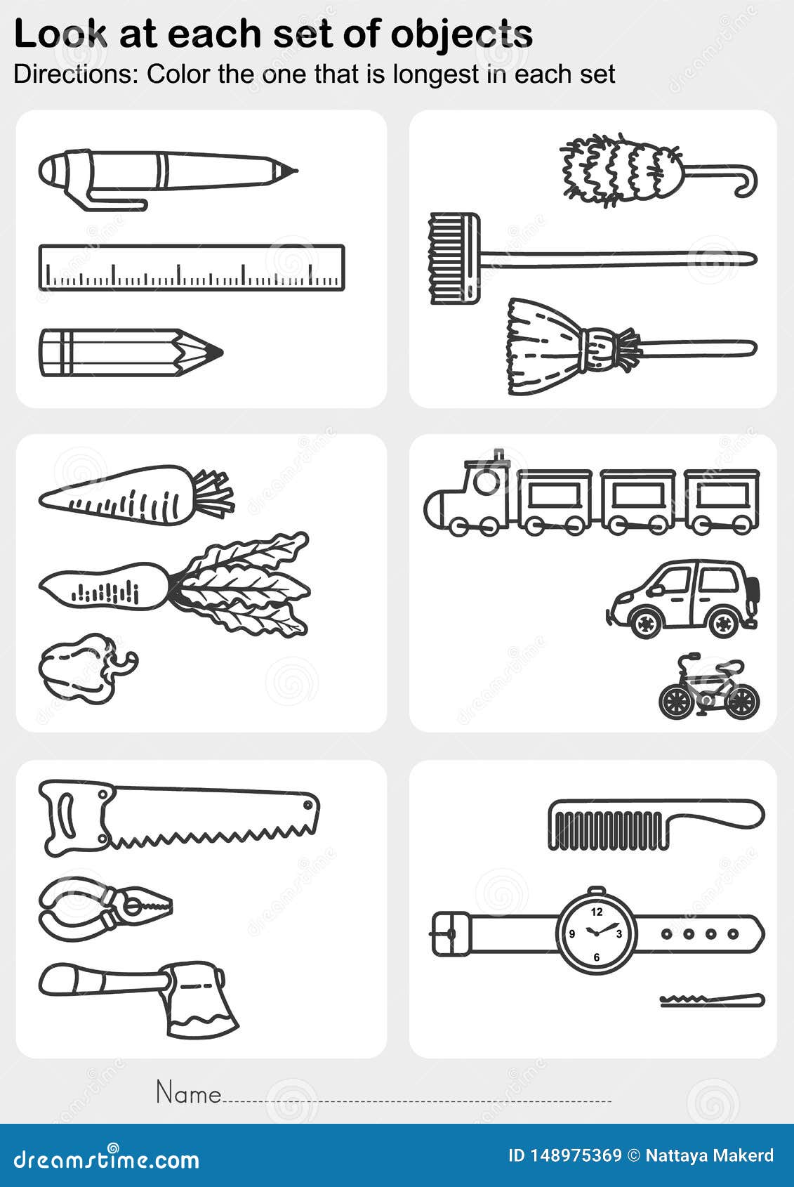 Look at Each Set of Objects - Color the One that is Longest in Each Set ... Look at Each Set of Objects - Color the One that is Longest in Each Set ...