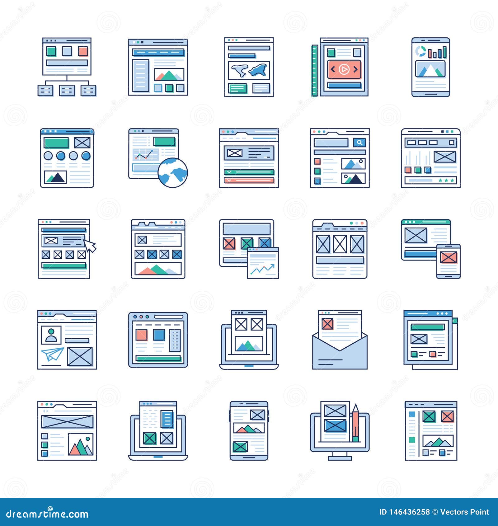 Site Flow, Wire Frame Flat Icons Set Stock Vector - Illustration of ...