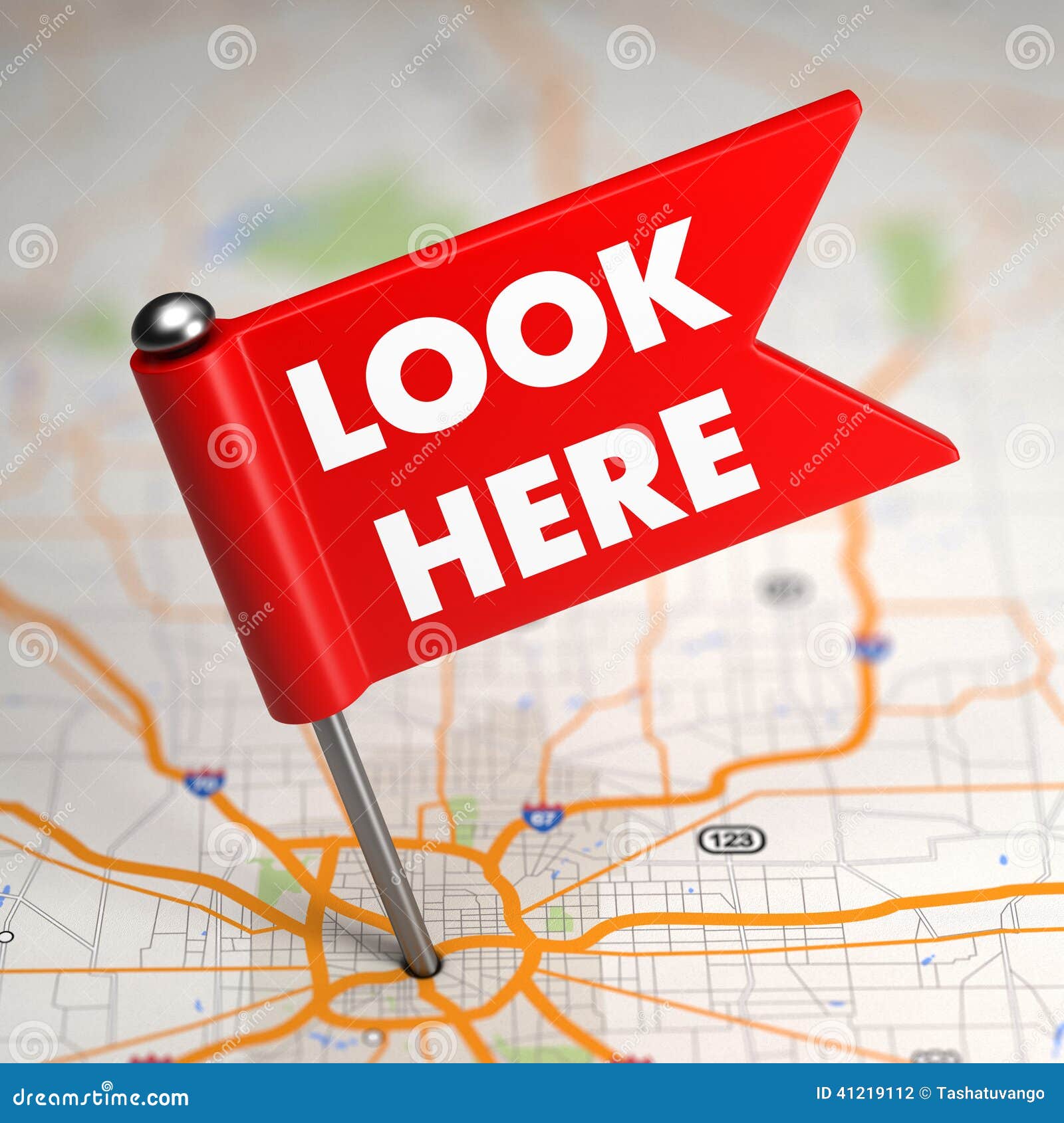 Look Here - Small Flag on a Map Background. Stock Photo - Image of ...