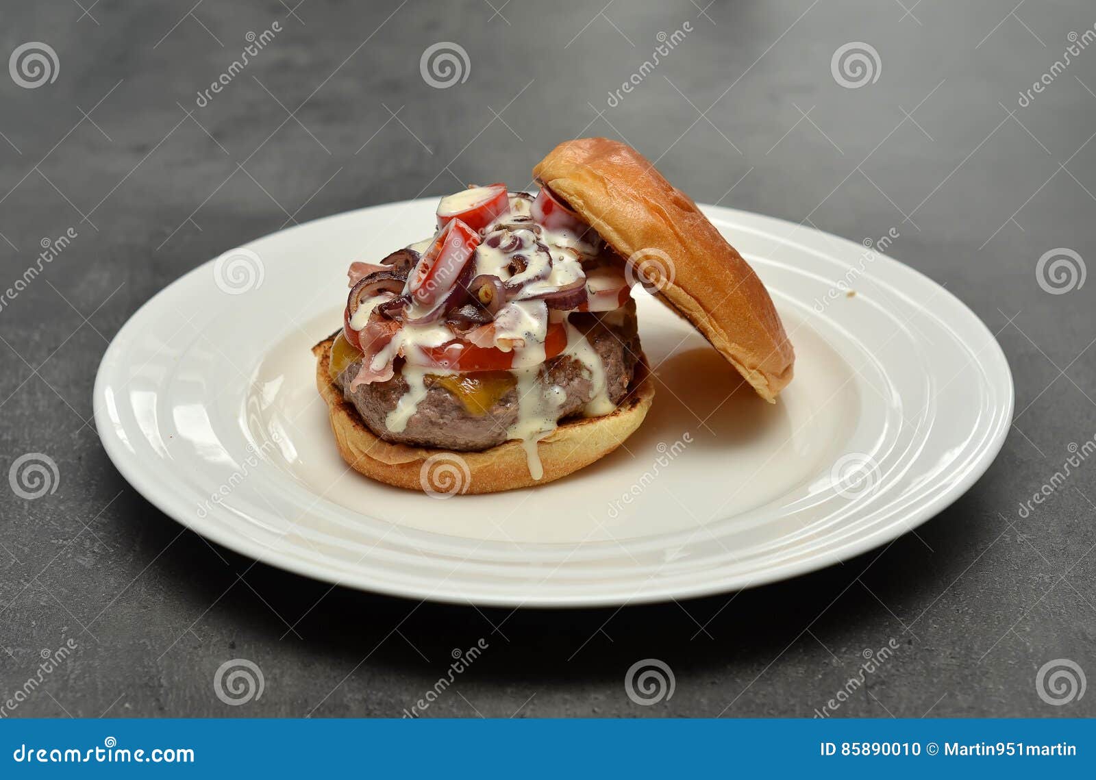 Look Inside Tasty Hamburger on White Plate Stock Photo - Image of ...
