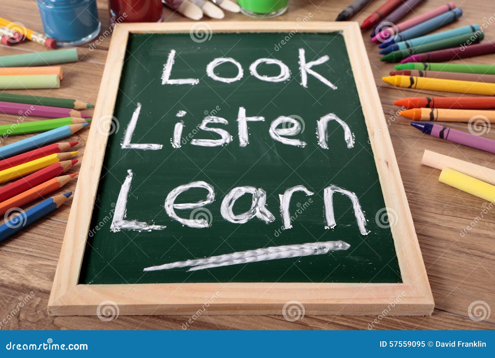 Look, Listen, Learn Basic Education Concept, School Desk, Blackboard ...