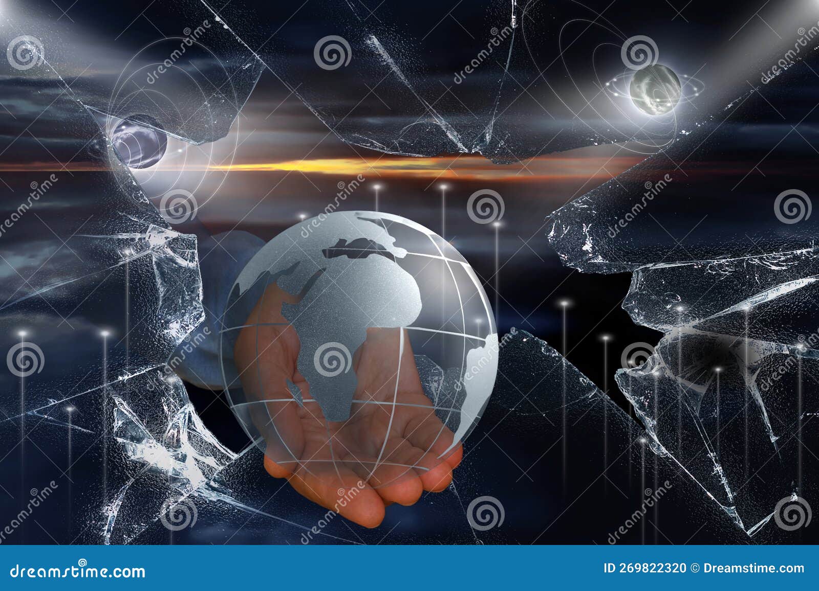 A Look into Space, Infinity through Broken Glass. Earth Globe in Human ...