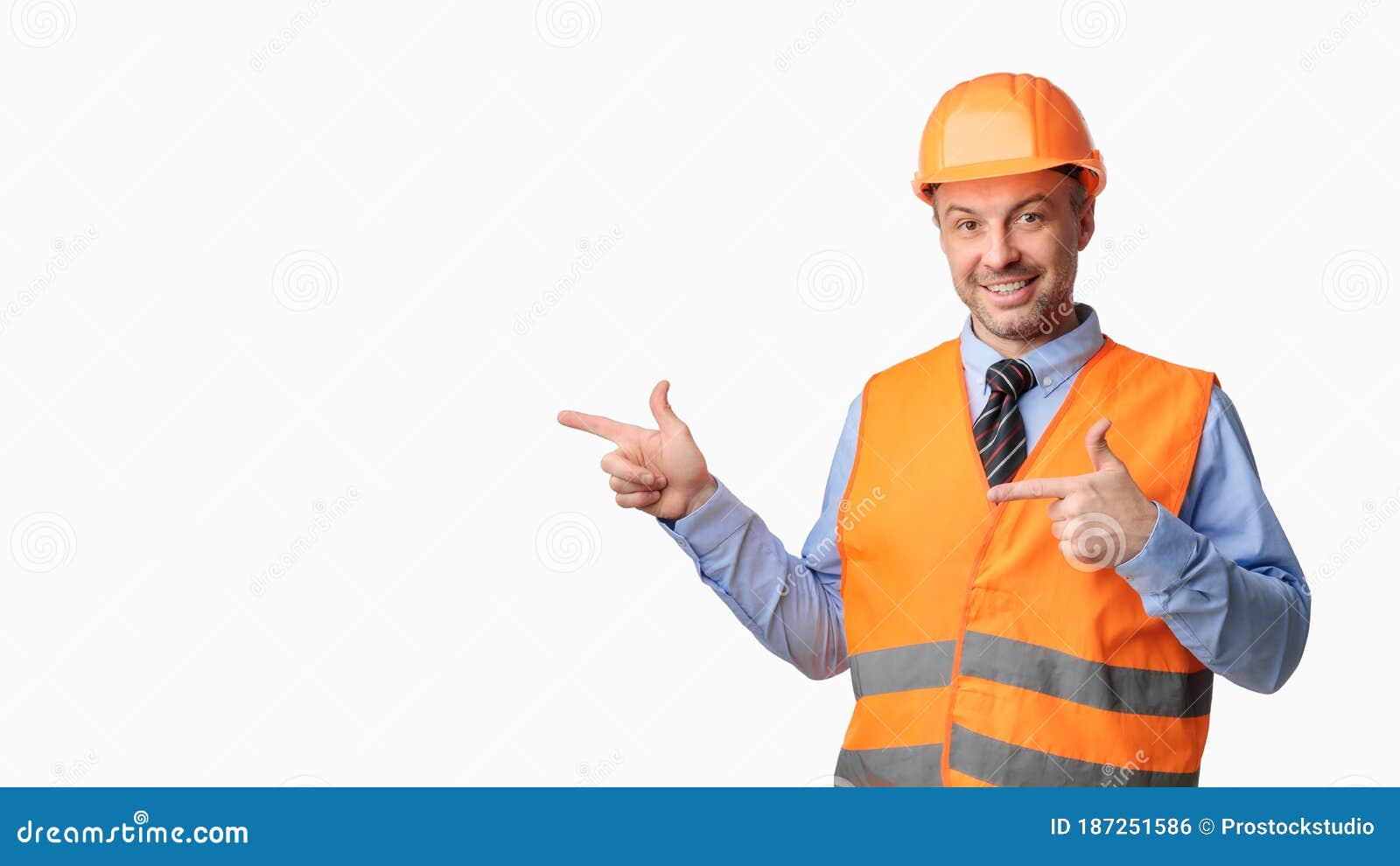 Construction Worker Pointing Fingers Aside Posing on White Background ...