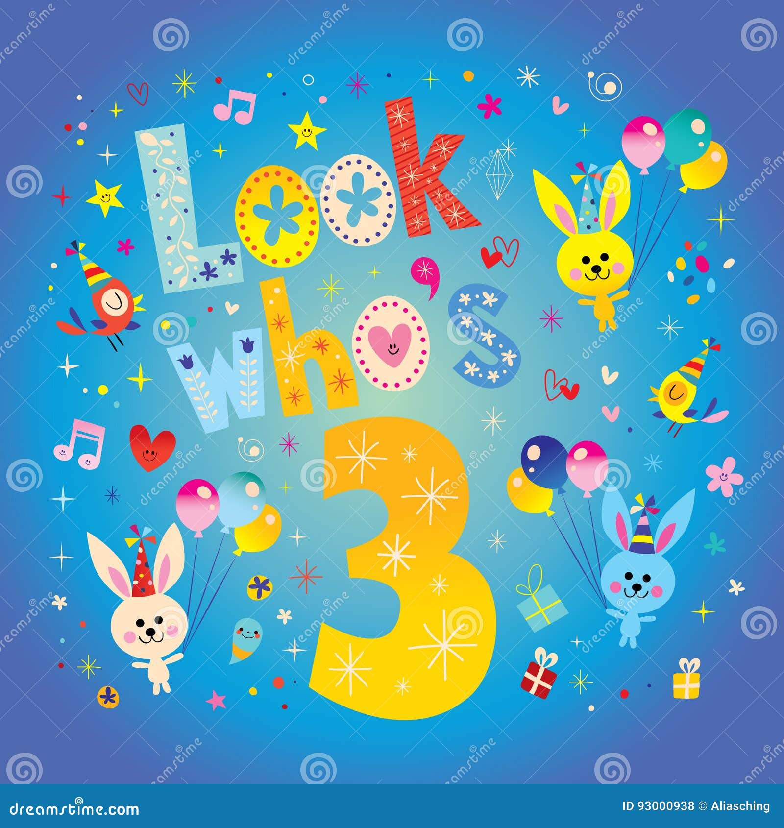 Look Who`s Three - Third Birthday Card Stock Vector - Illustration of ...