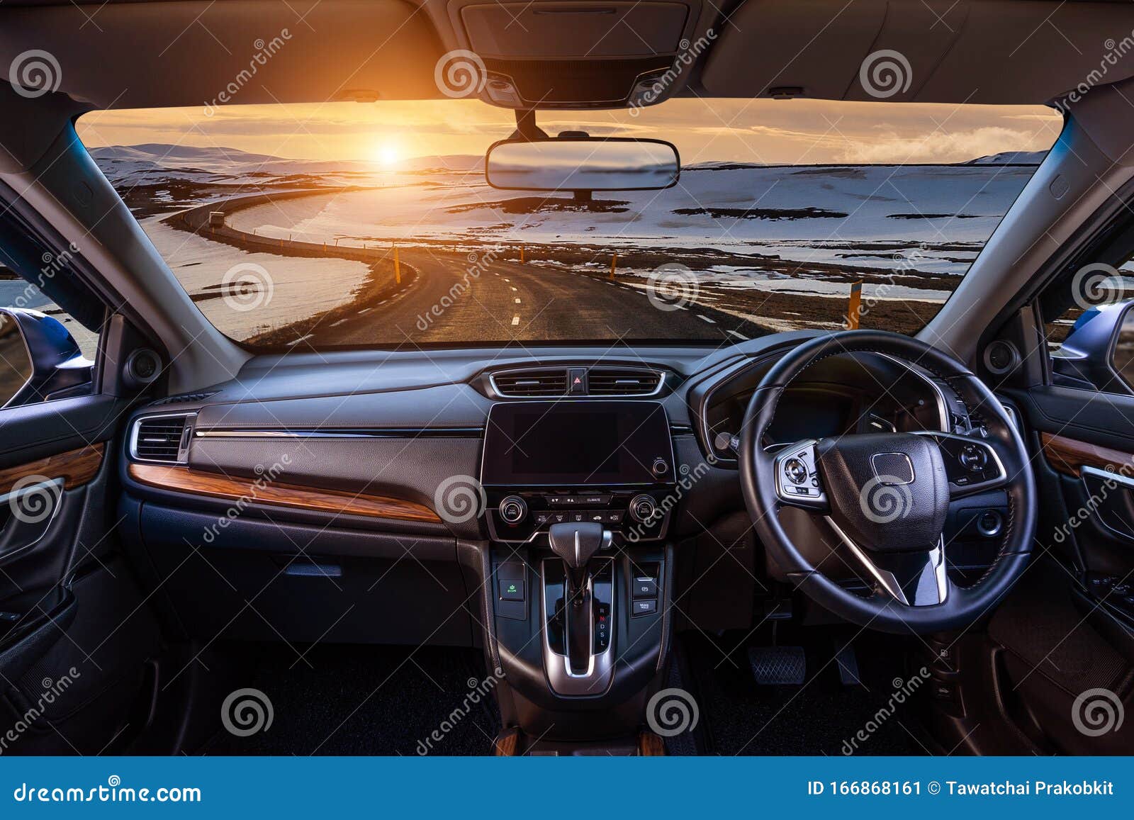 Looking through a Car Windshield with Sunset and Road in Winter. Travel ...