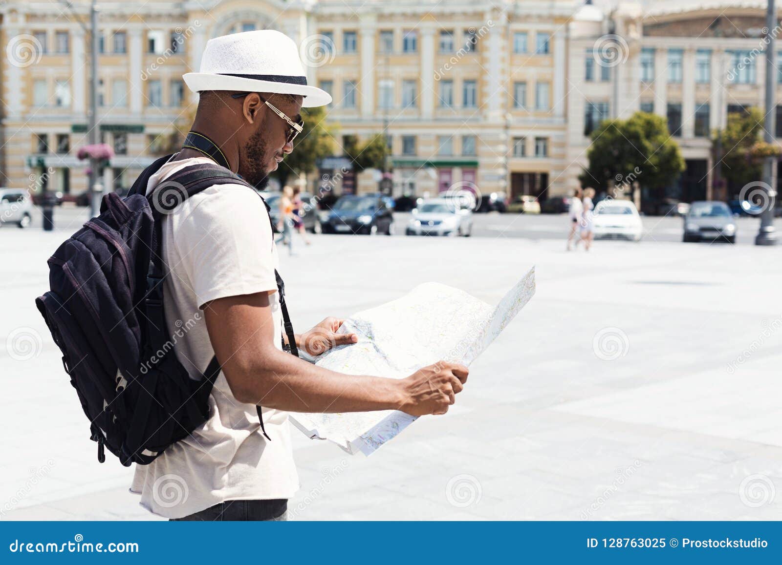 Looking for Directions. Lost Tourist Looking at City Map Stock Image ...