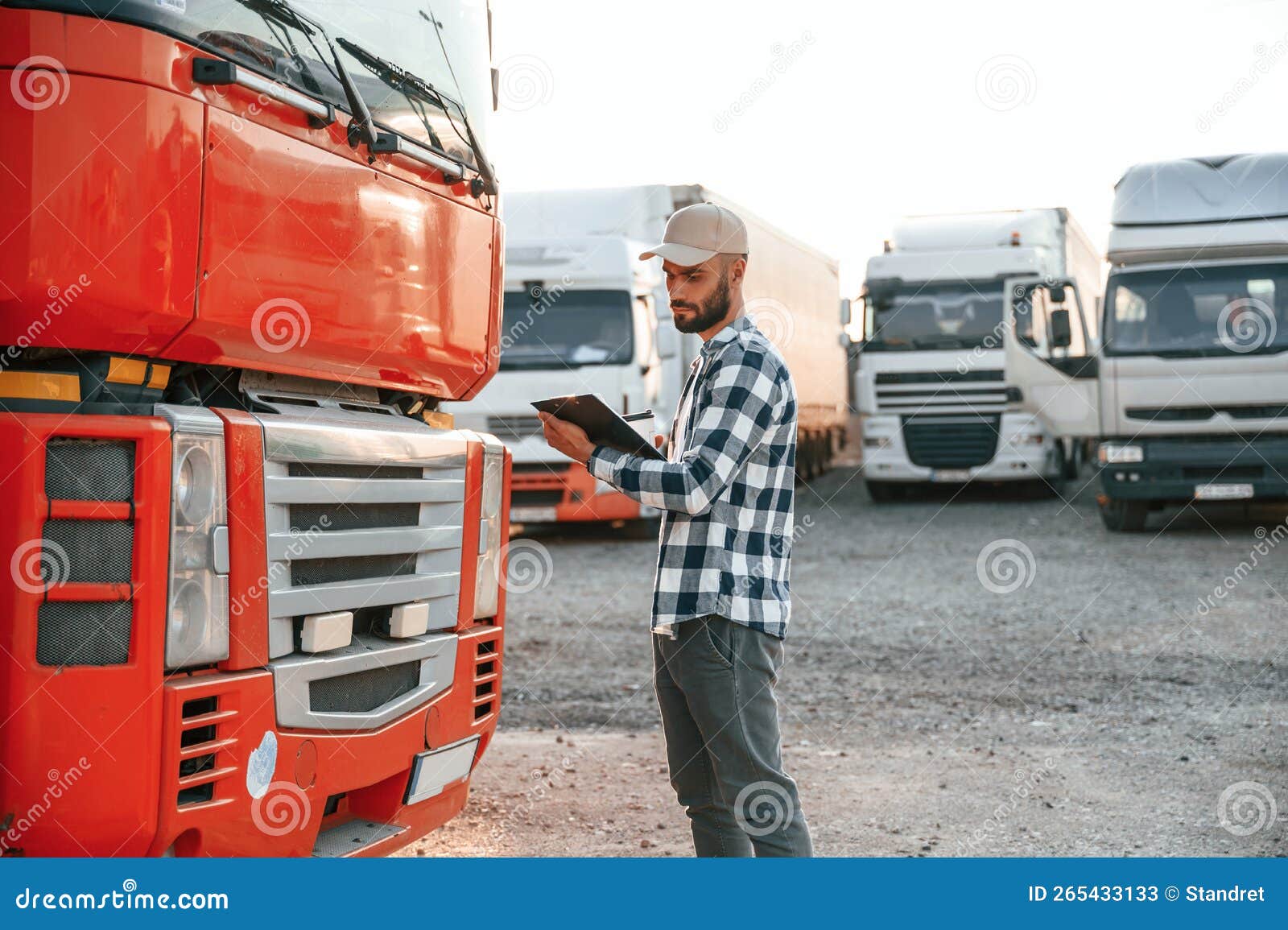 Looking at Document in Notepad. Young Truck Driver is with His Vehicle ...