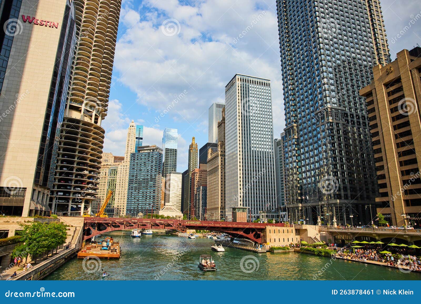 Looking Down Chicago River Canals for Ships with Bridge and Rows of ...